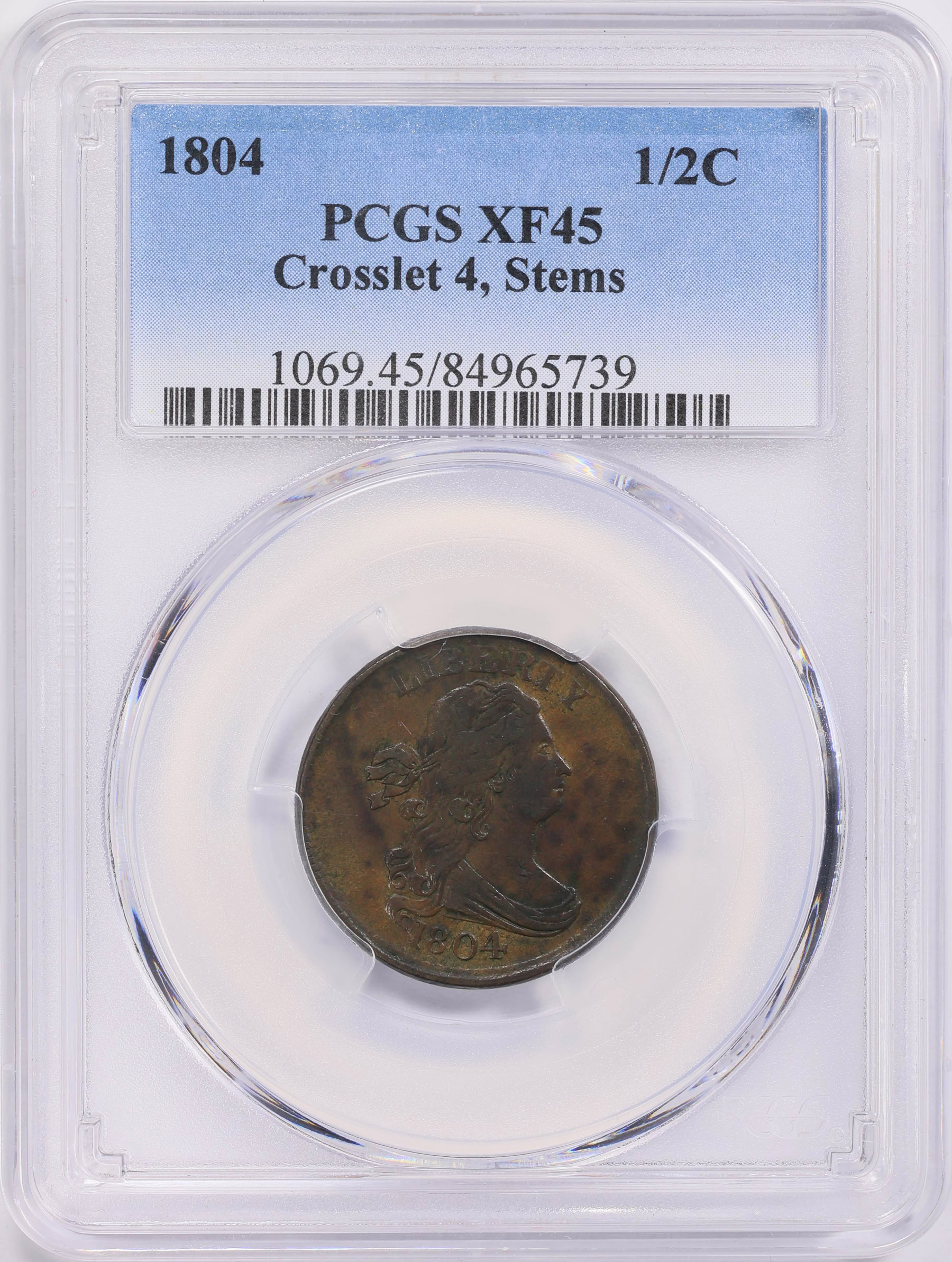 1804 Draped Bust Half Cent Crosslet 4, Stems PCGS XF-45 BN (Item ...