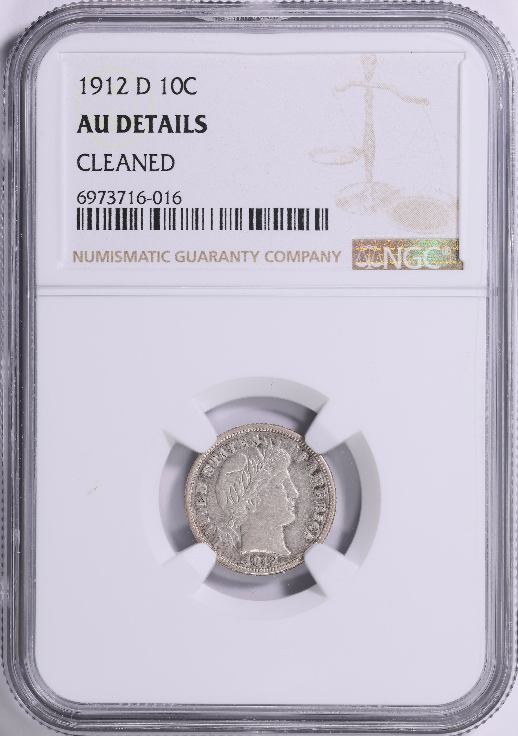 1912-D Barber Dime NGC AU Details (Item 1826216) | GreatCollections Coin Auctions
