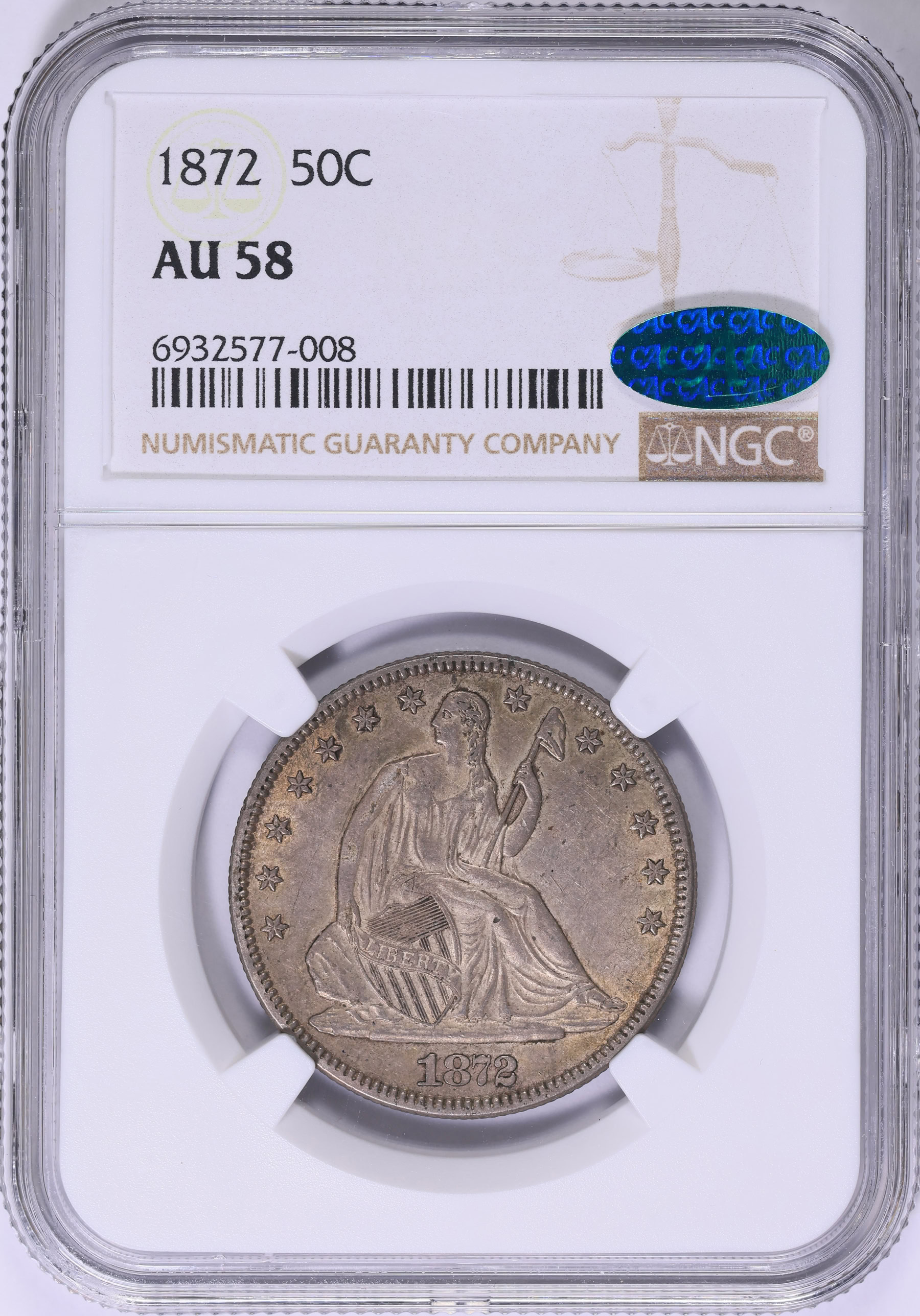 1872 Seated Liberty Half Dollar NGC AU-58 (CAC Green) (Item 1826361) | GreatCollections Coin ...