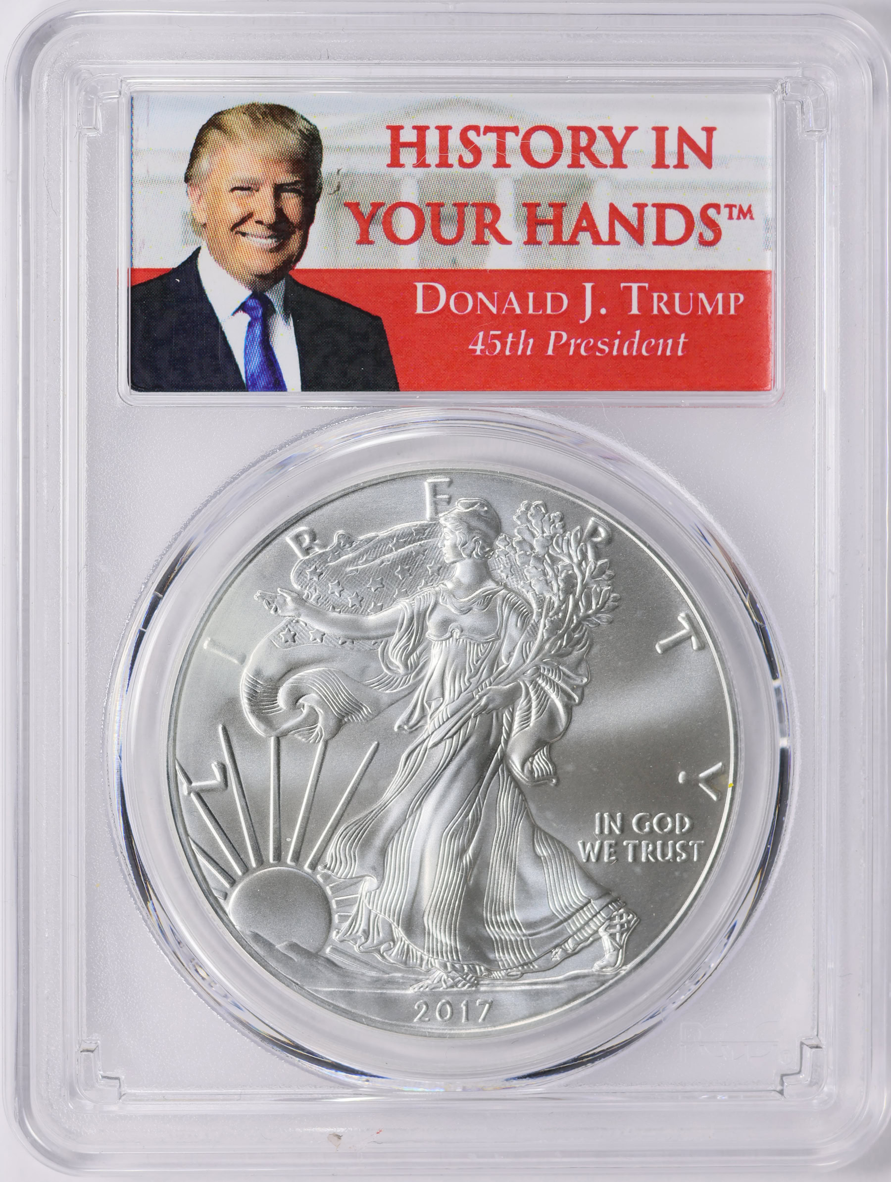 2017 $1 Silver Eagle First Day of Issue PCGS MS-70 (Donald J. Trump Label) (Item 1826549 ...
