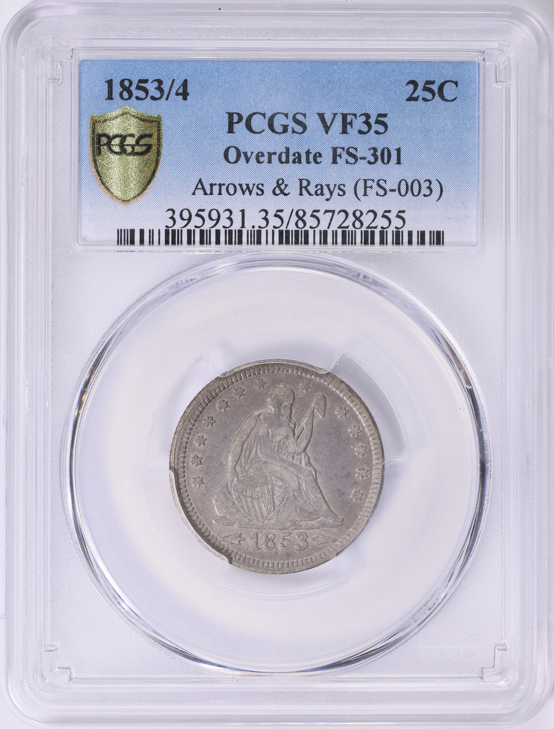 1853/4 Seated Liberty Quarter Arrows and Rays, Overdate FS-301 PCGS VF-35 (Item 1826631 ...