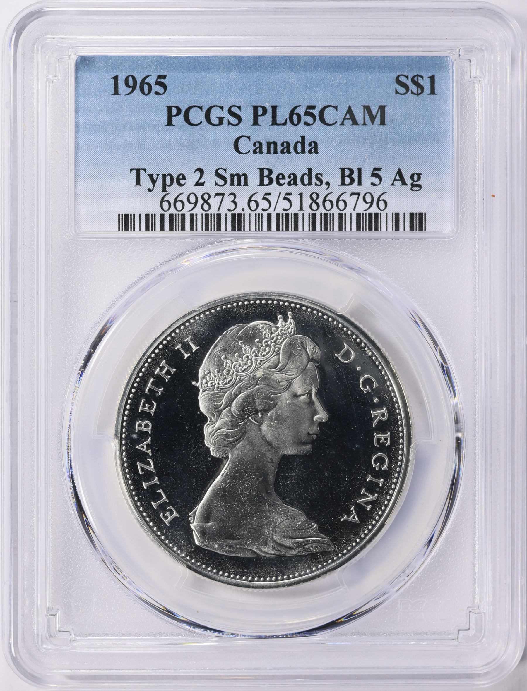 Canada 1965 Silver Dollar Type 2 Small Beads, Blunt 5 KM-64.1 PCGS PL-65 CAMEO (Item 1826721 ...