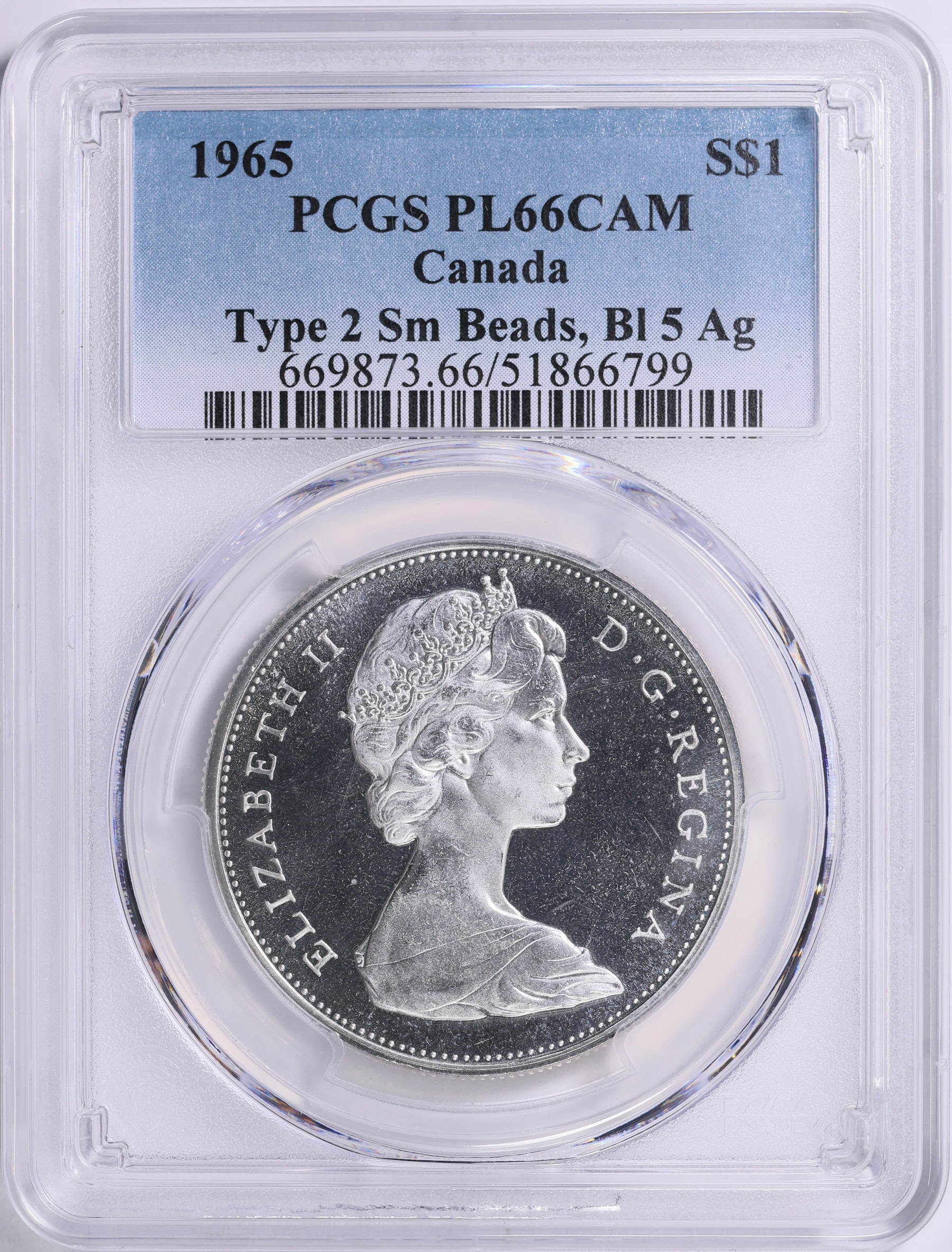Canada 1965 Silver Dollar Type 2 Small Beads, Blunt 5 KM-64.1 PCGS PL ...