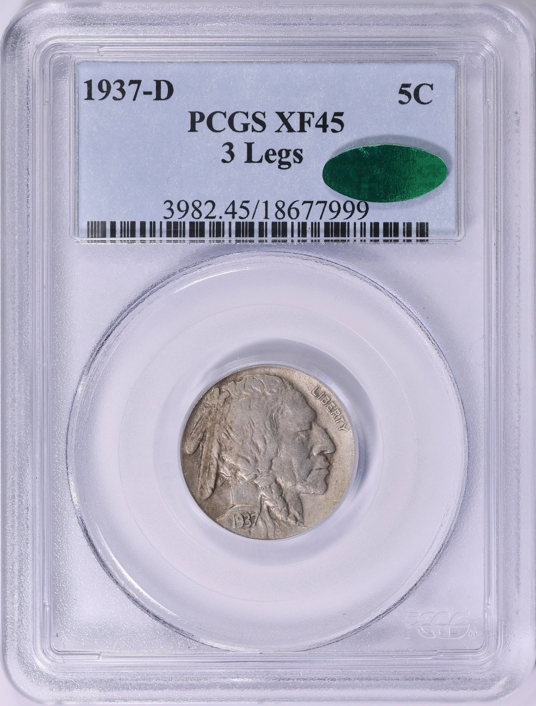 1937-D Buffalo Nickel 3 Legs PCGS XF-45 (CAC Green) (Item 1826794) | GreatCollections Coin Auctions
