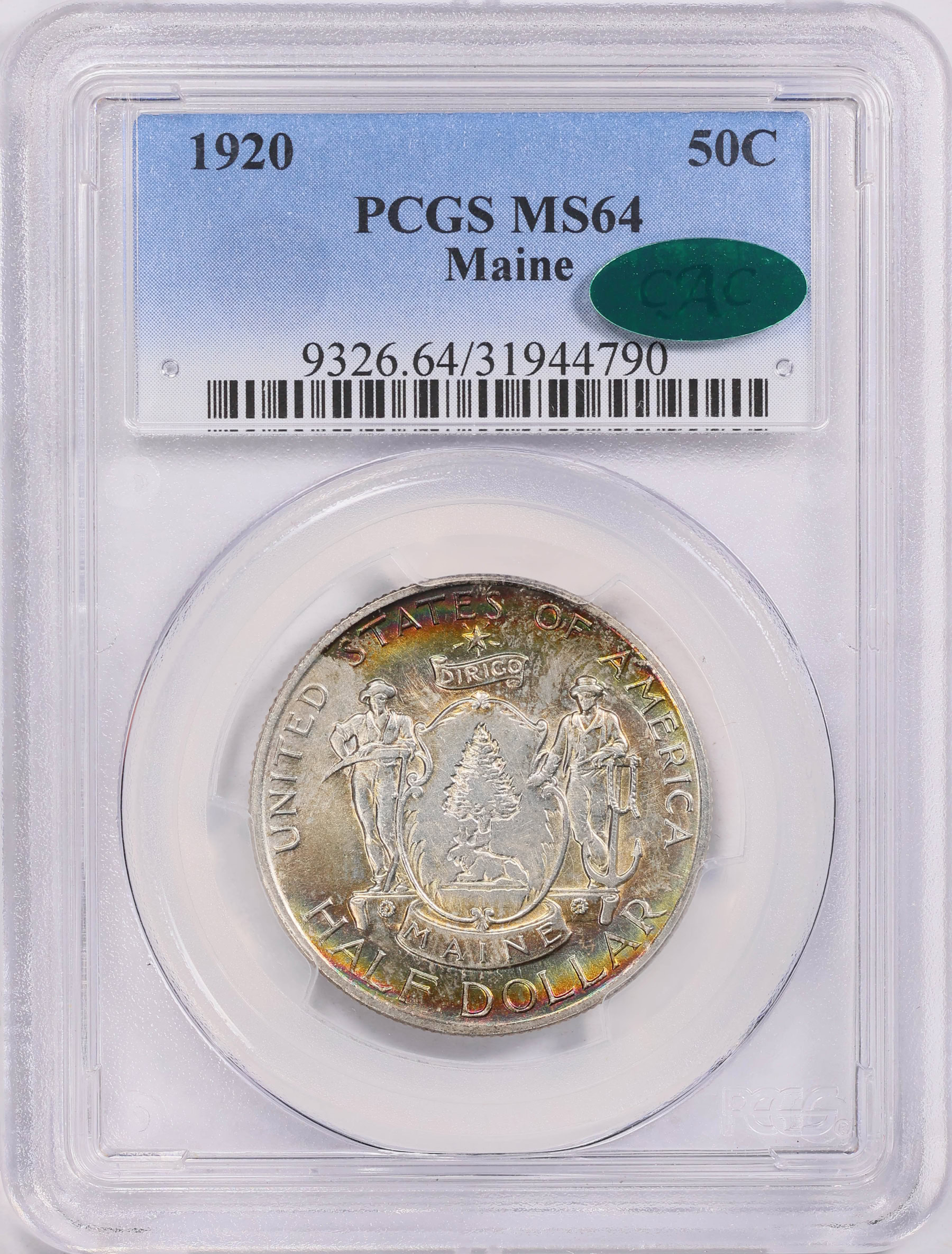 1920 Maine Centennial Half Dollar PCGS MS-64 (CAC Green) (Toned) (Item ...