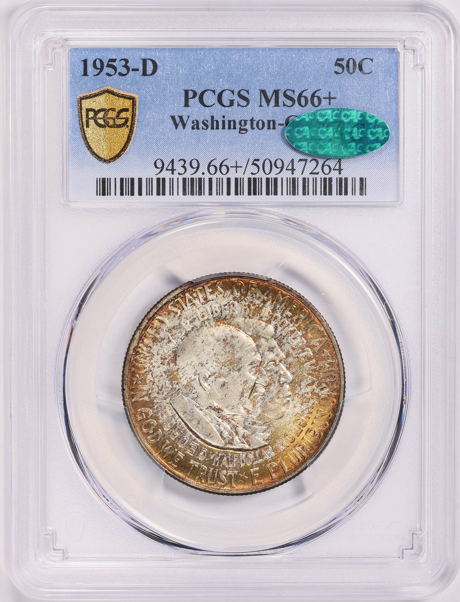1953-D Carver/Washington Commemorative Half Dollar PCGS MS-66+ (CAC Green) (Toned) (Item 1826863 ...