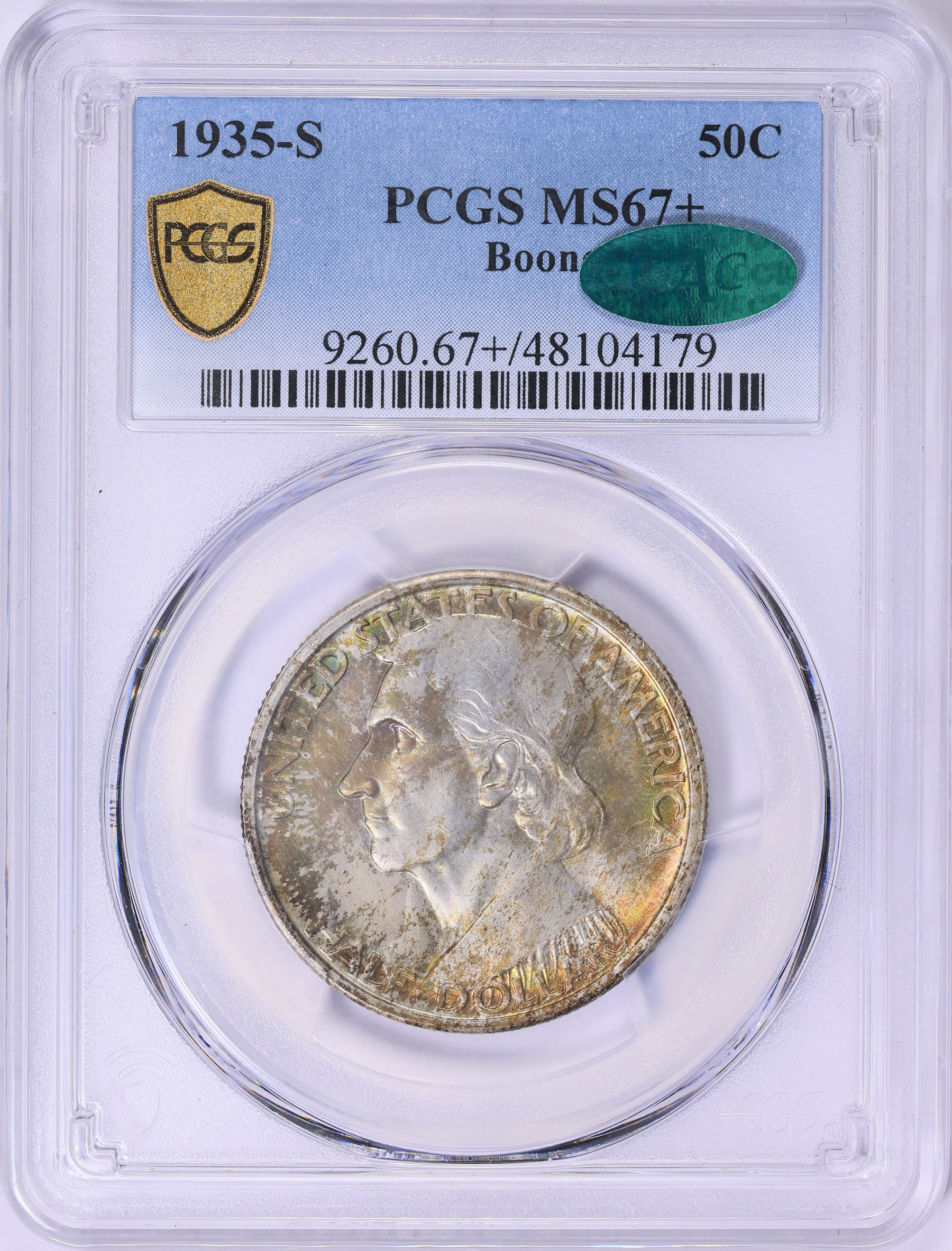 1935-S Daniel Boone Bicentennial Half Dollar PCGS MS-67+ (CAC Green) (Toned) (Item 1826865 ...
