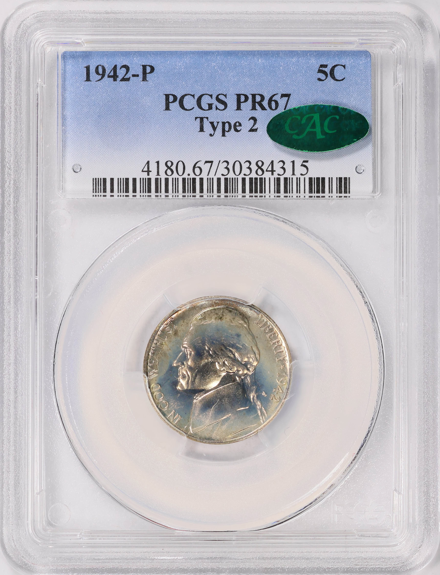 1942-P Jefferson Nickel Type 2 PCGS Proof-67 (CAC Green) (Toned) (Item 1826888 ...