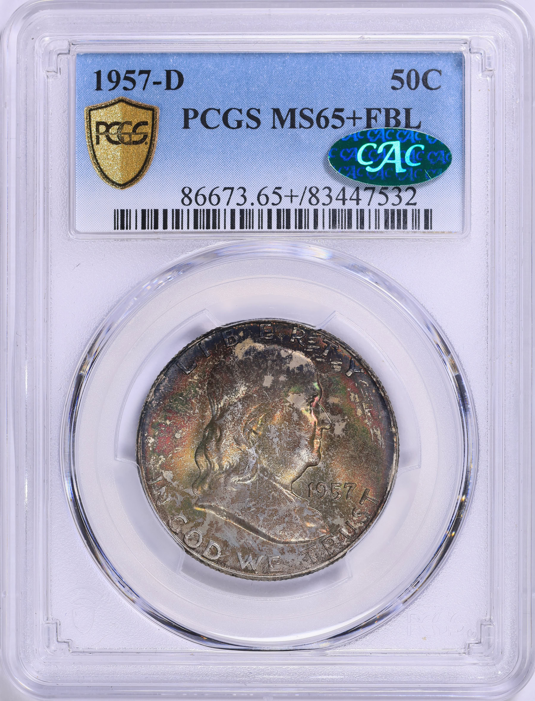 1957-D Franklin Half Dollar PCGS MS-65+ FBL (CAC Green) (Toned) (Item 1826913 ...
