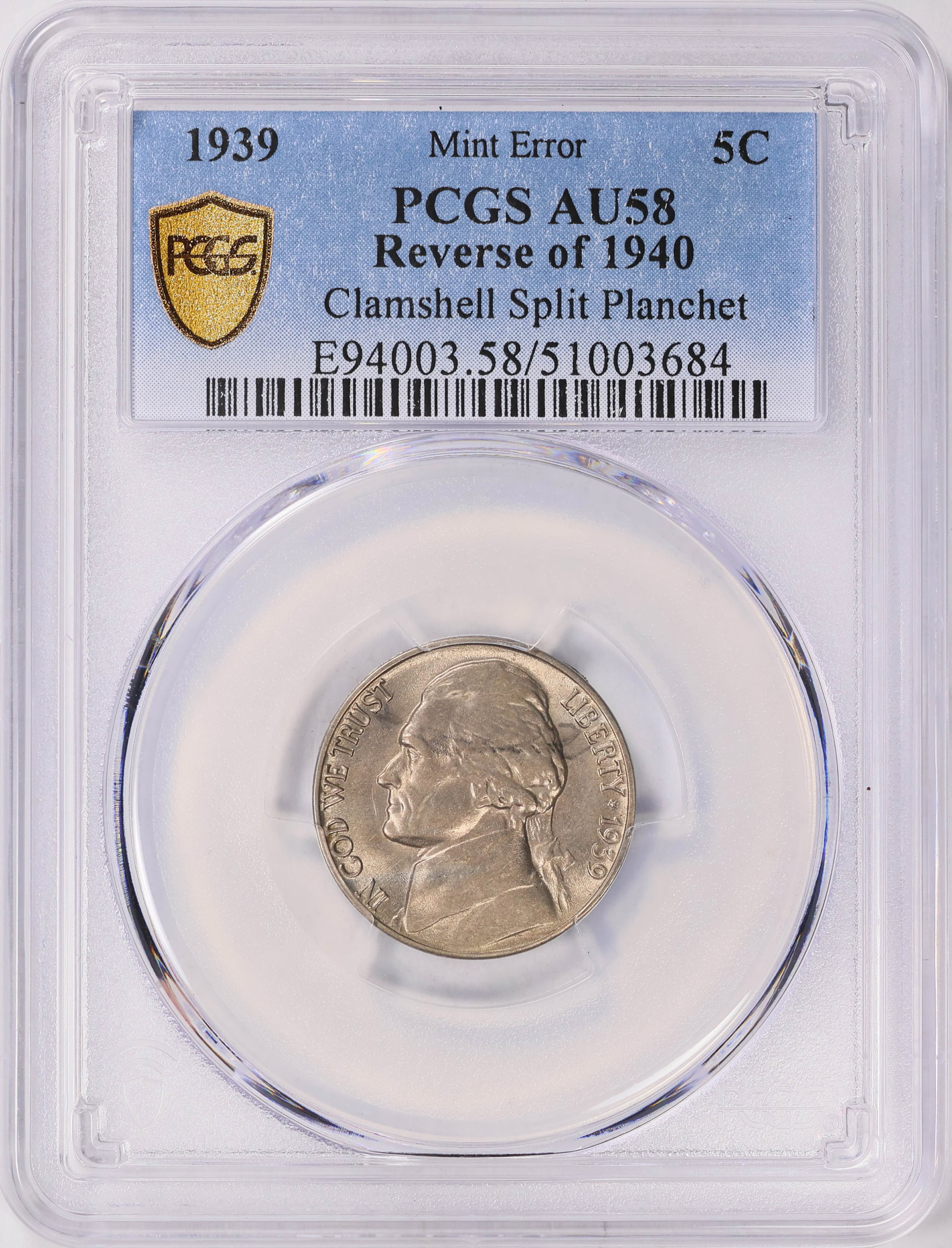 Mint Error 1939 Jefferson Nickel Reverse of 1940 Clamshell Split ...