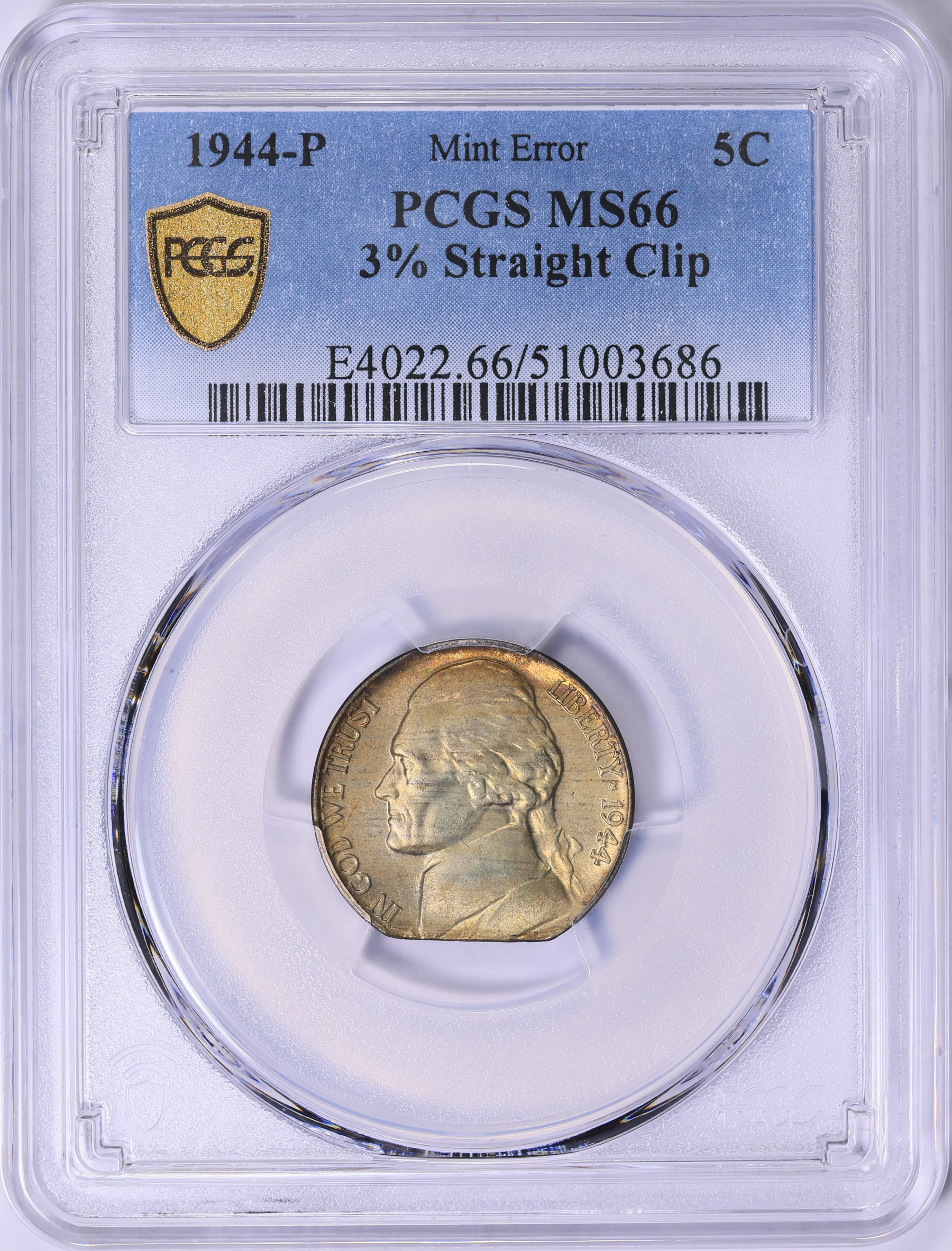 Mint Error 1944-P Jefferson Nickel 3% Straight Clip PCGS MS-66 (Toned ...