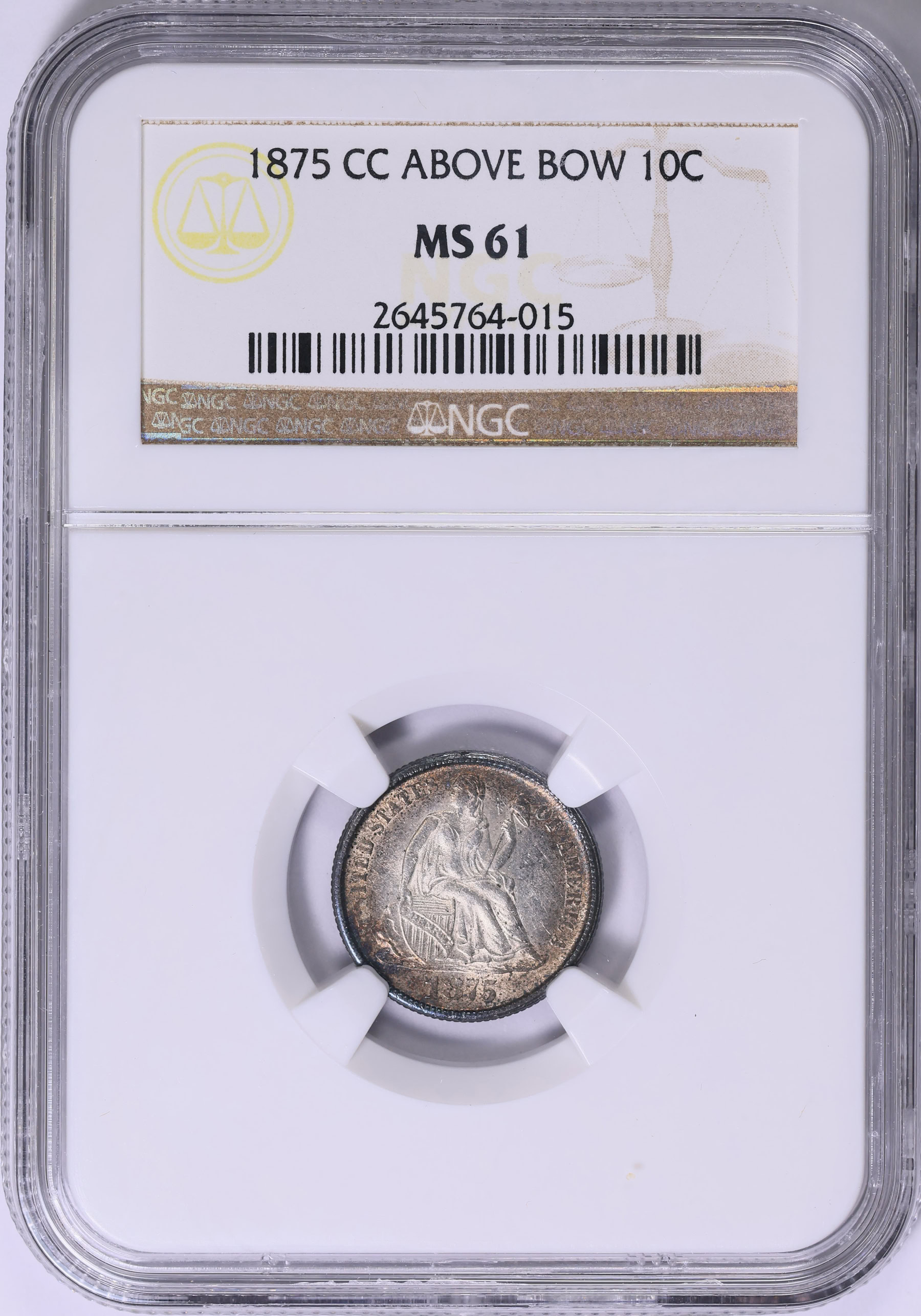 1875-CC Seated Liberty Dime Mintmark Above Bow NGC MS-61 (Toned) (Item 1827036 ...