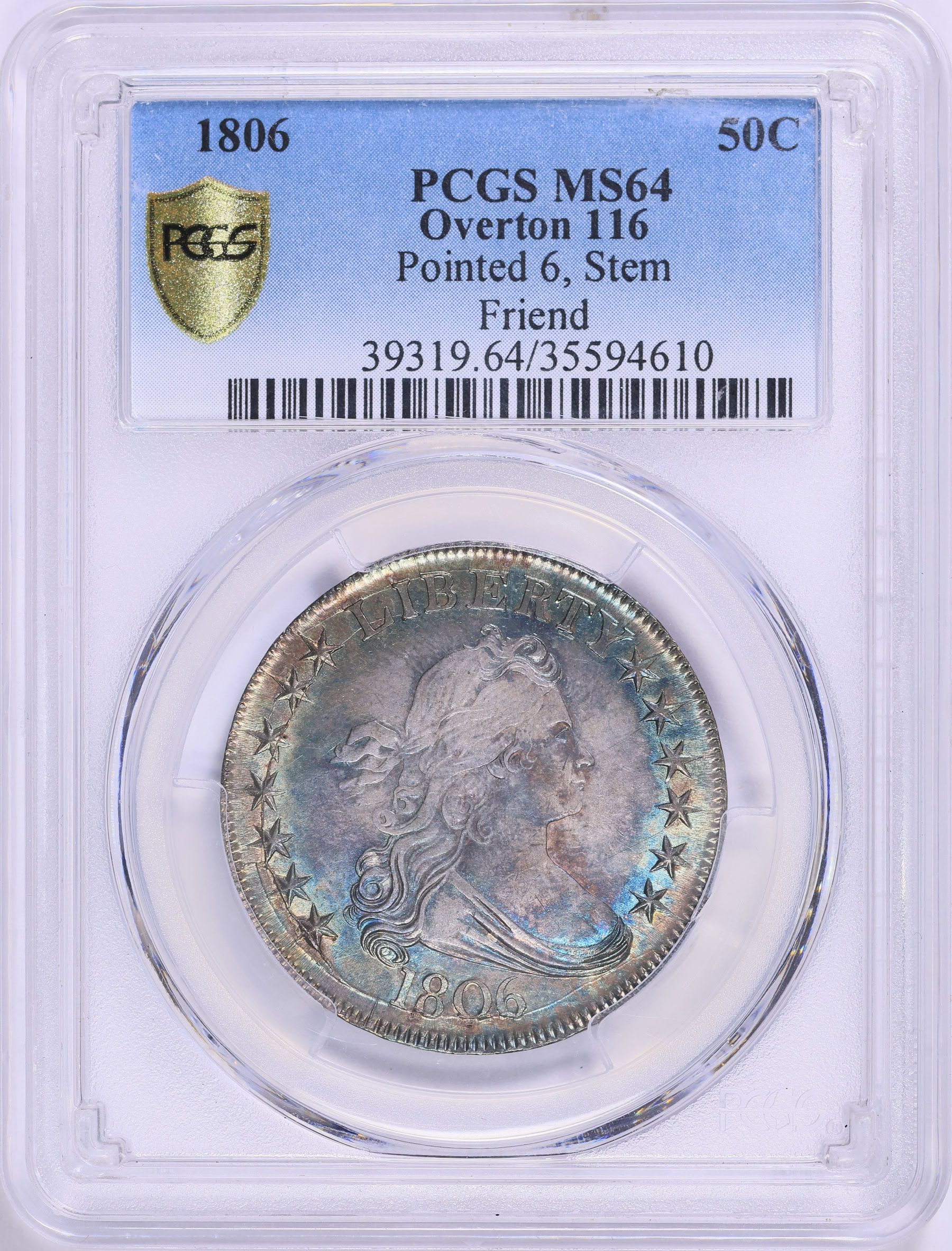 1806 Draped Bust Half Dollar Pointed 6, Stem Overton 116 PCGS MS-64 (Toned) (Friend Collection ...