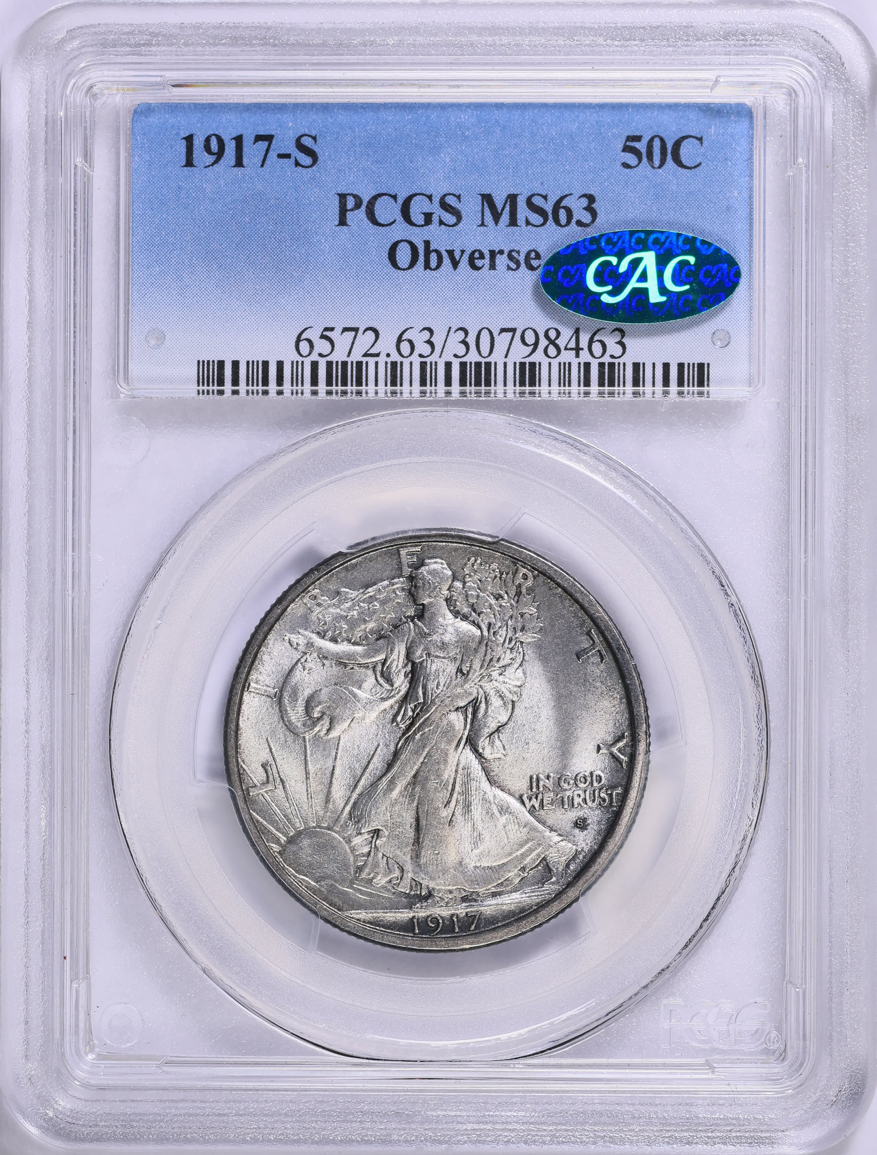 1917-S Walking Liberty Half Dollar Obverse Mintmark PCGS MS-63 (CAC Green) (Item 1827136 ...