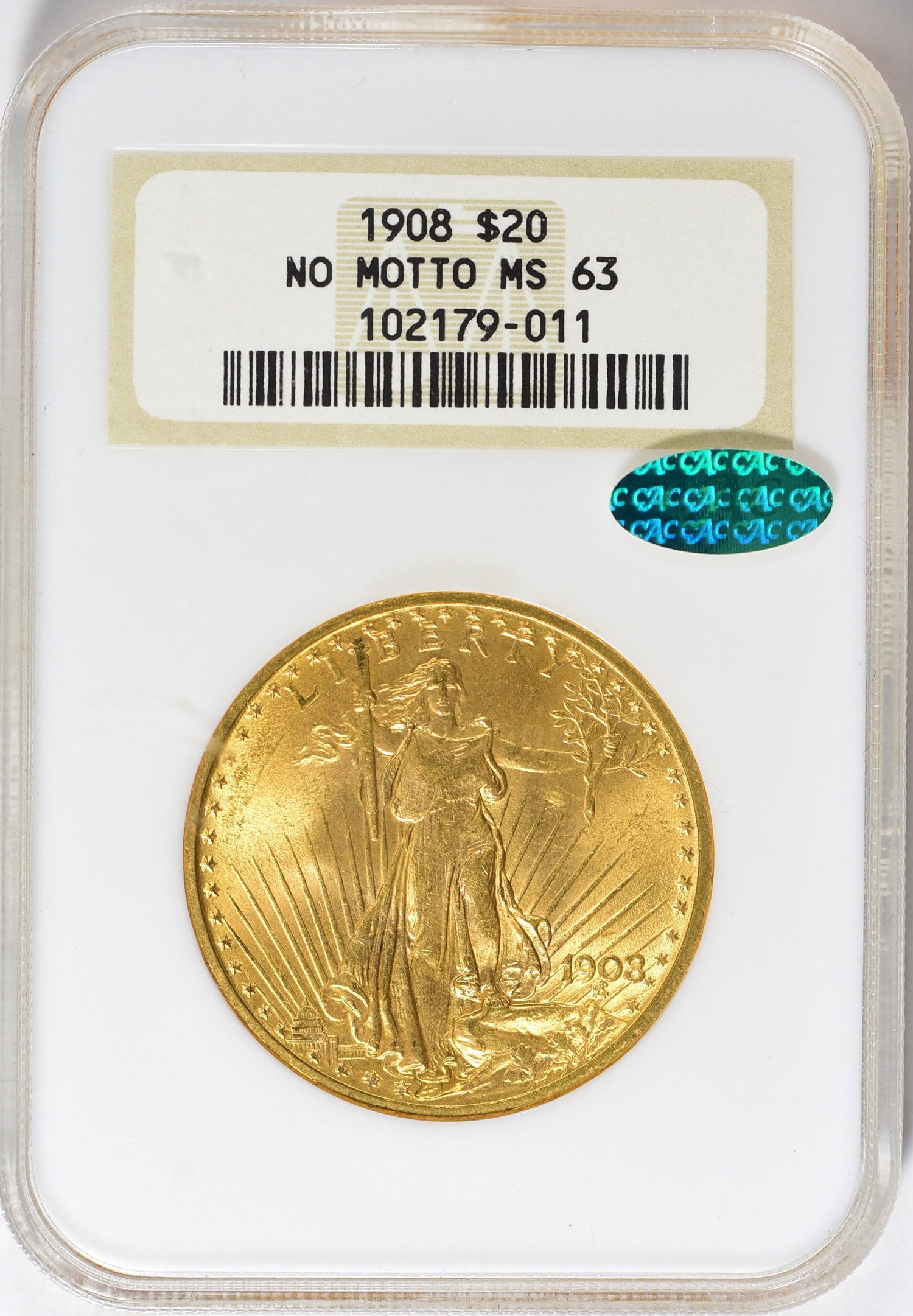 1908 Saint-Gaudens Gold Double Eagle No Motto NGC MS-63 (CAC Green) OH ...
