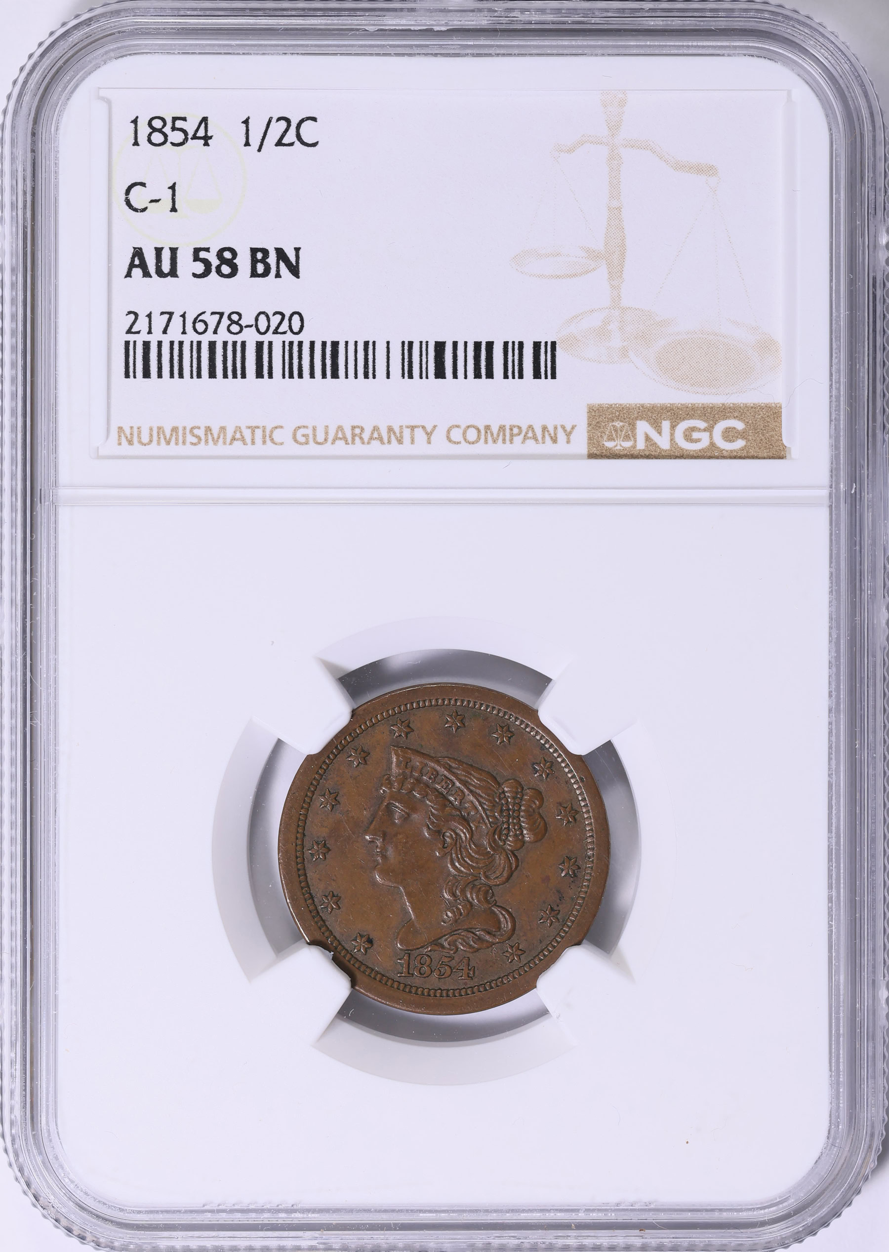 1854 Braided Hair Half Cent C-1 NGC AU-58 BN (Item 1827540) | GreatCollections Coin Auctions