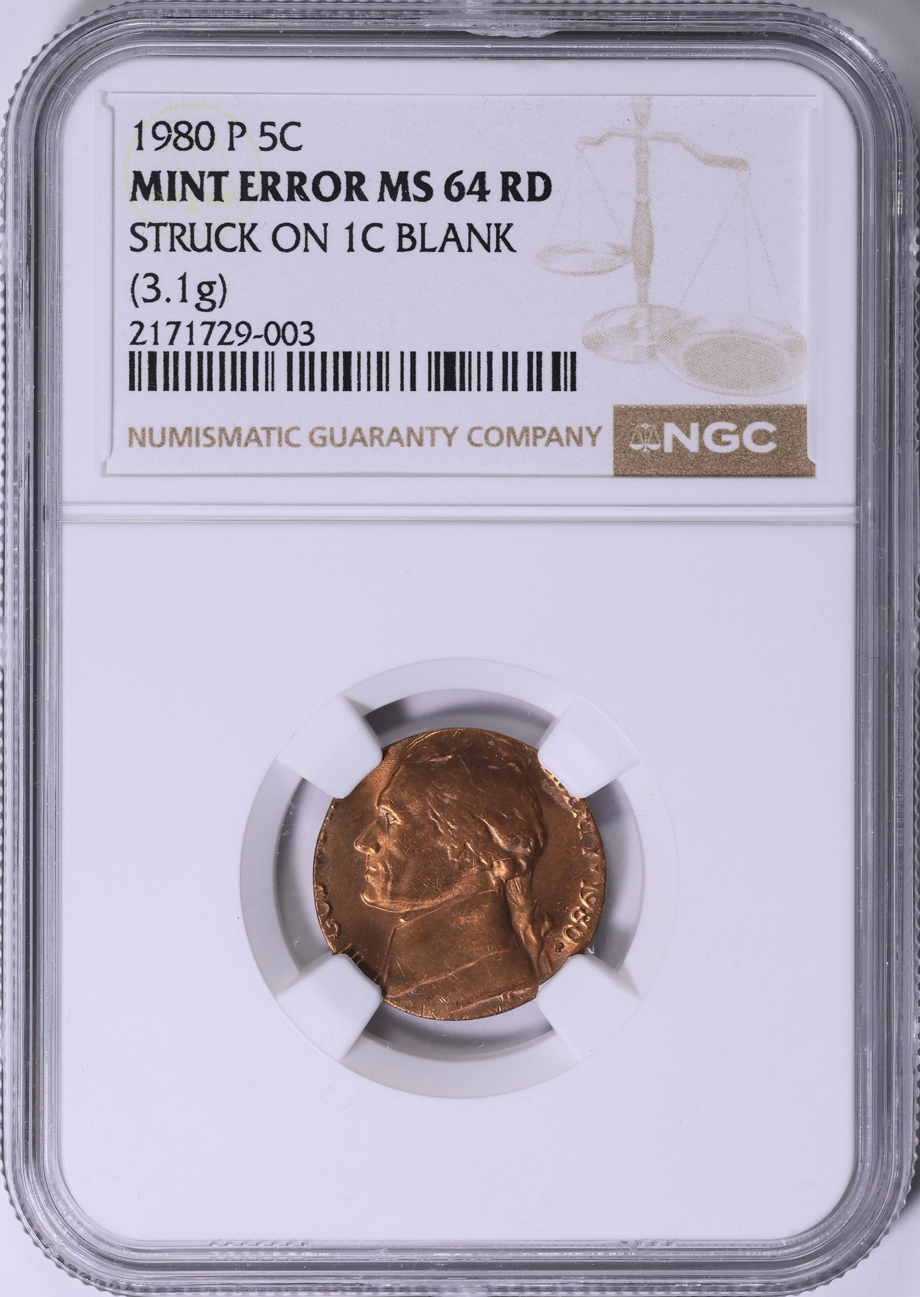 Mint Error 1980-P Jefferson Nickel Struck on 1C Blank (3.1g) NGC MS-64 ...