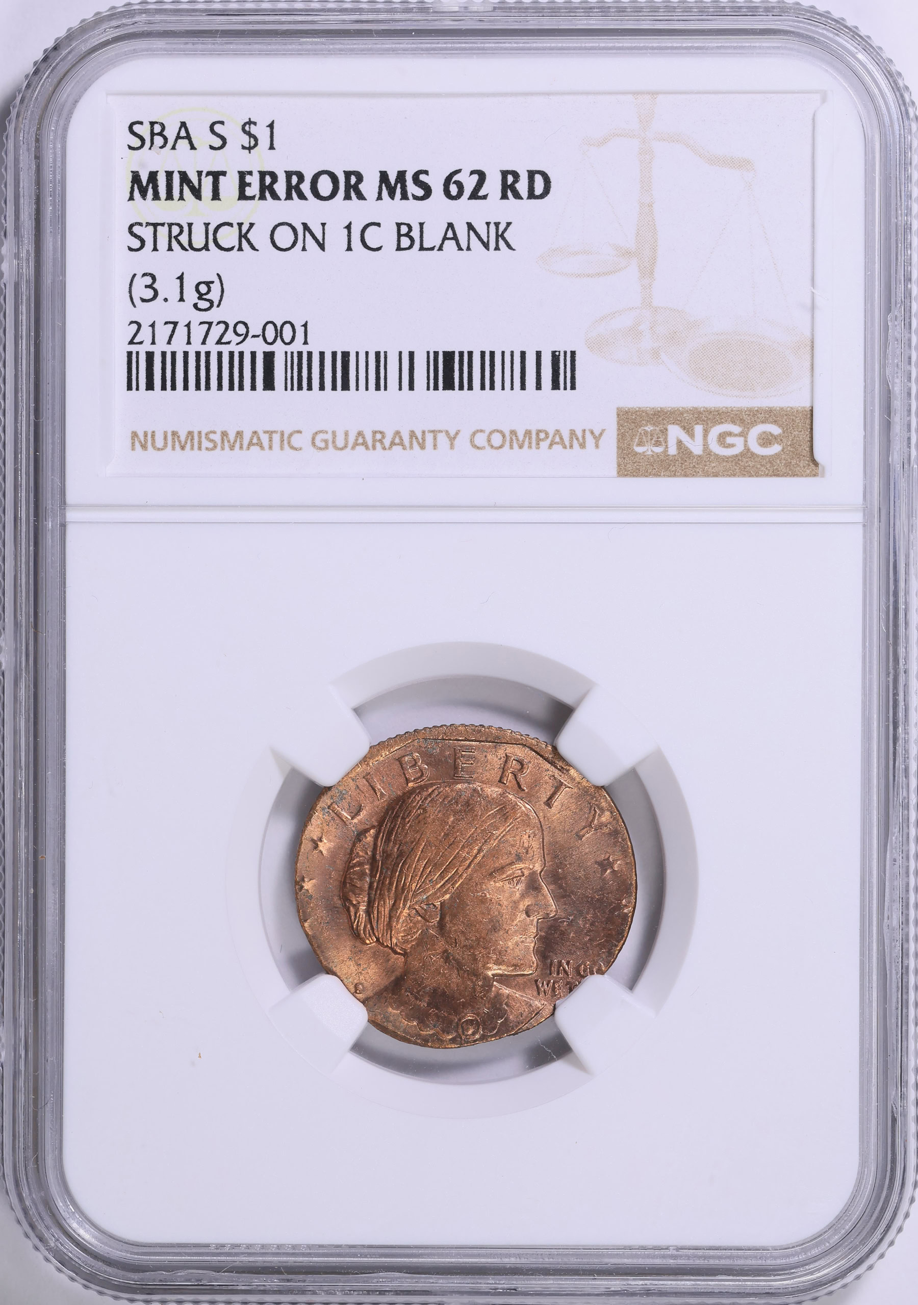 Mint Error Susan B. Anthony Struck on 1c Blank (3.1g) NGC MS-62 RD ...