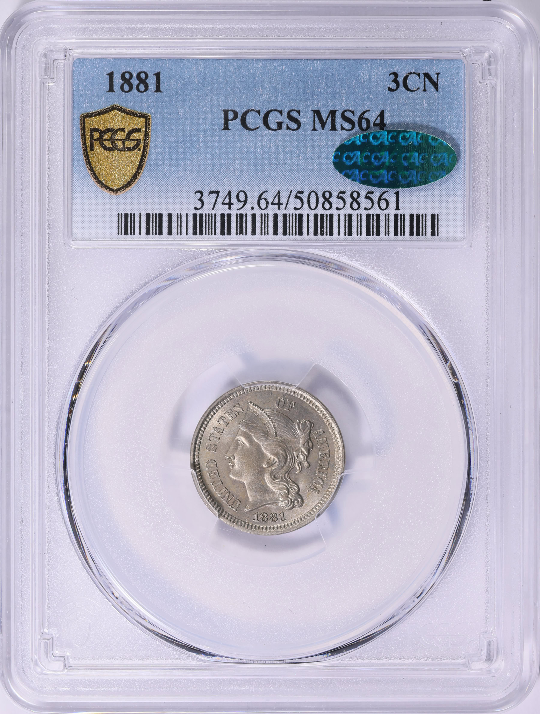 1881 Nickel Three-Cent Piece PCGS MS-64 (CAC Green) (Item 1827633) | GreatCollections Coin Auctions