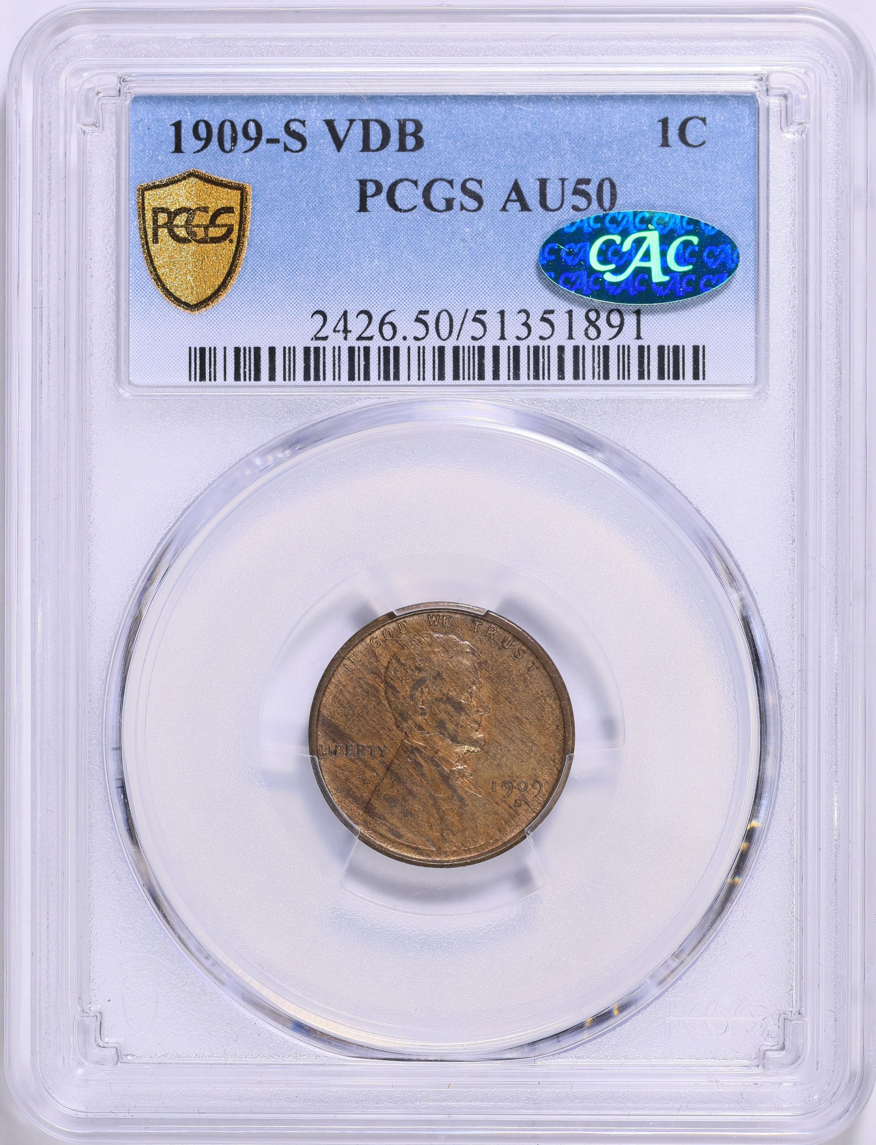 1909-S Lincoln Cent V.D.B. PCGS AU-50 BN (CAC Green) (Item 1827674) | GreatCollections Coin Auctions