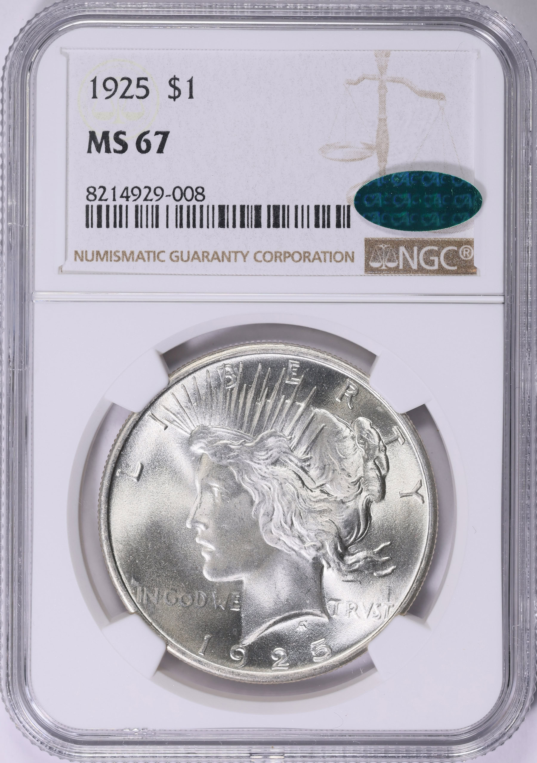1925 Peace Silver Dollar NGC MS-67 (CAC Green) (Item 1827755 ...