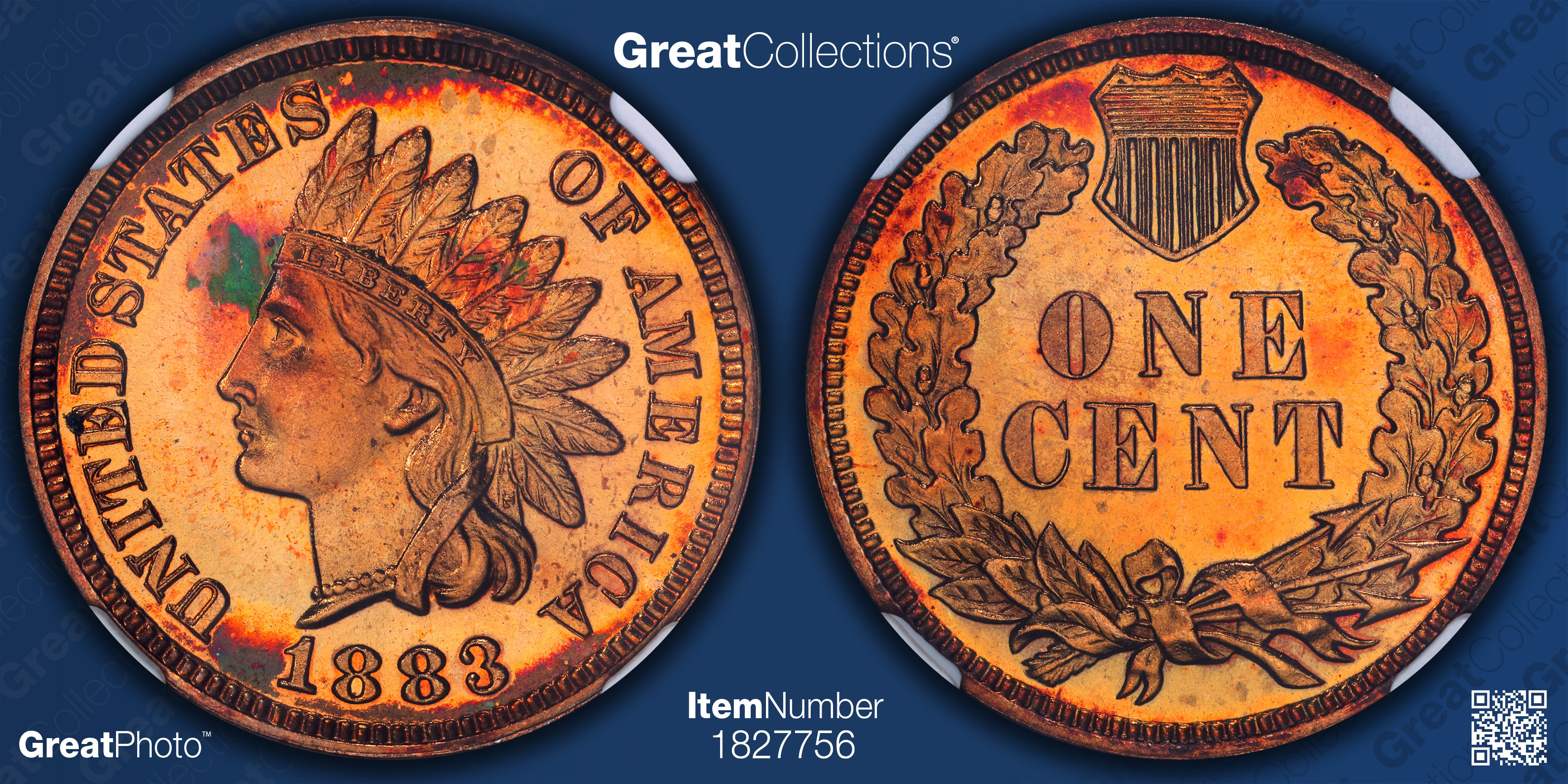 1883 Indian Cent NGC Proof-66+ RB (CAC Green) (Toned) (Item 1827756 ...