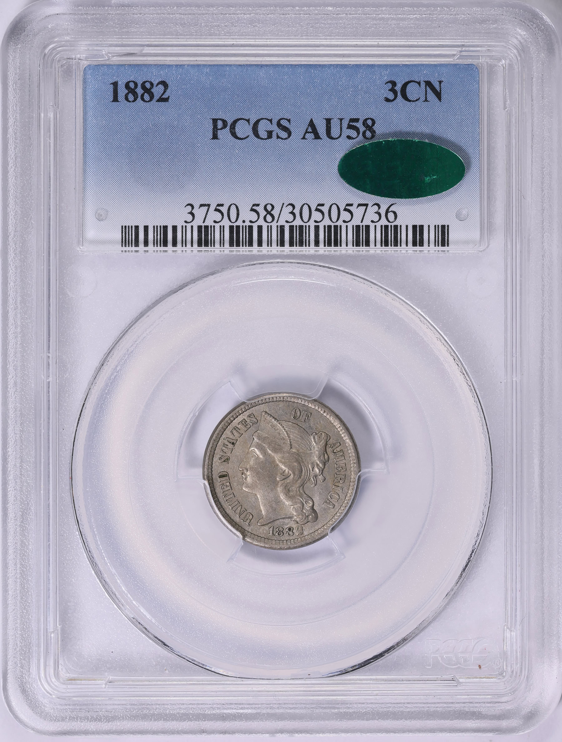1882 Nickel Three-Cent Piece PCGS AU-58 (CAC Green) (Item 1827831 ...