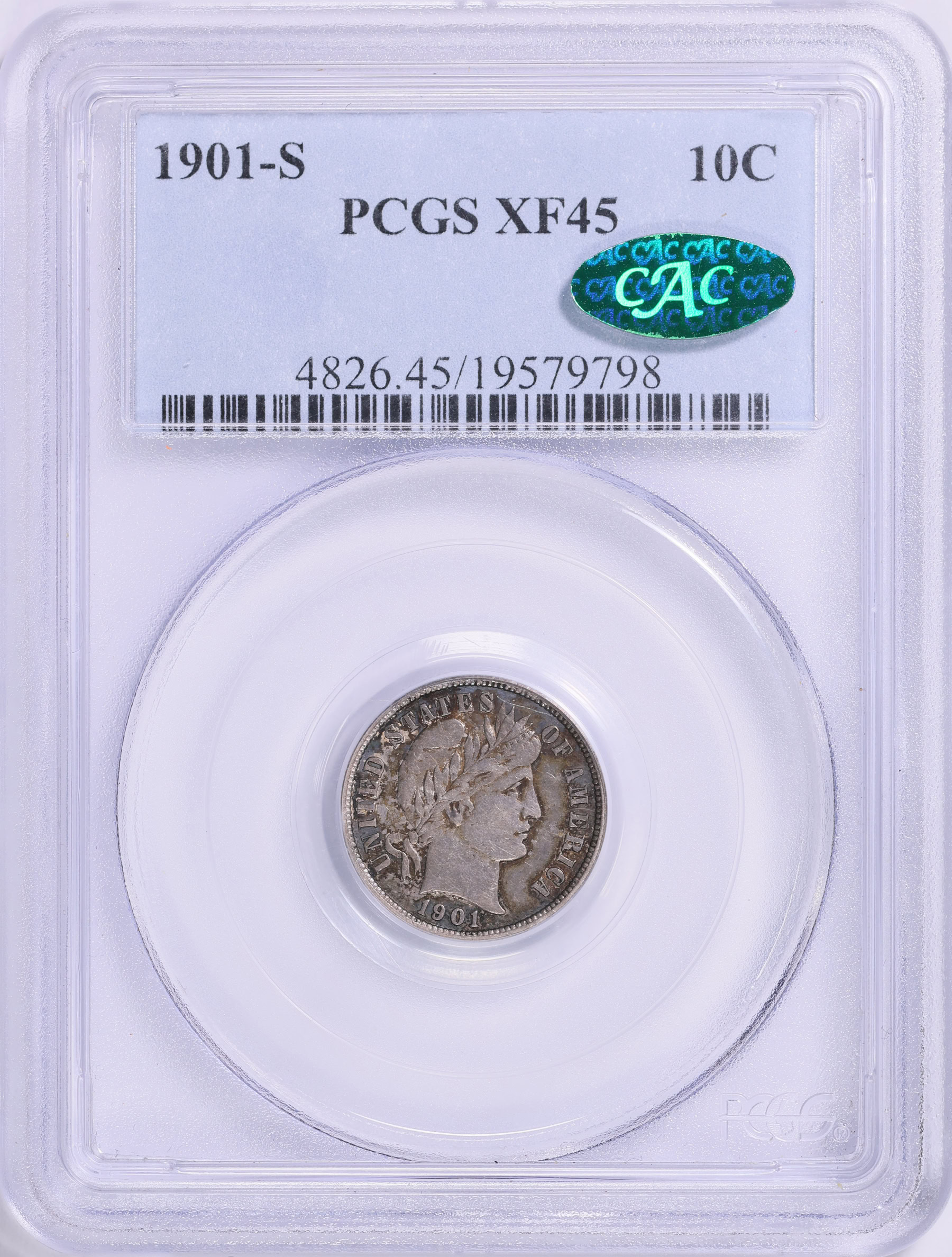 1901-S Barber Dime PCGS XF-45 (CAC Green) (Item 1827837) | GreatCollections Coin Auctions