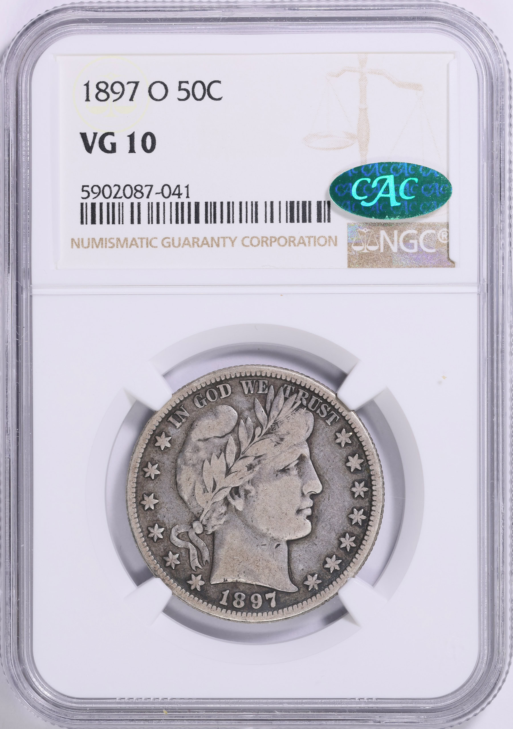 1897-O Barber Half Dollar NGC VG-10 (CAC Green) (Item 1827840) | GreatCollections Coin Auctions