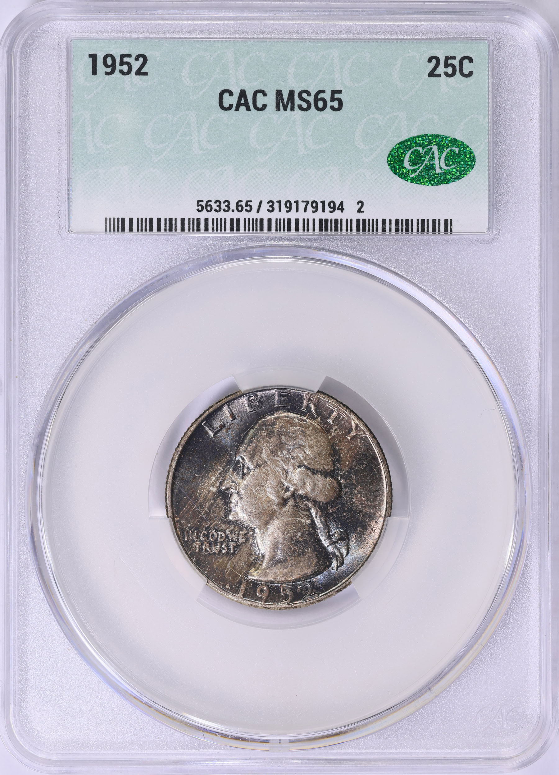 1952 Washington Quarter CACG MS-65 (Toned) (Item 1827856) | GreatCollections Coin Auctions