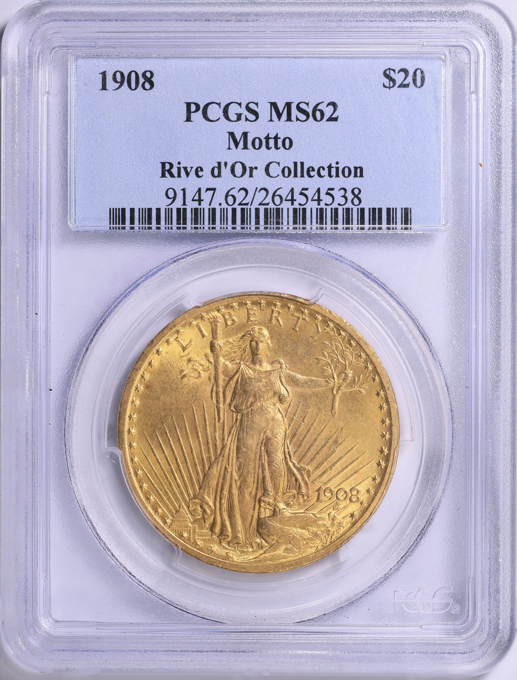 1908 Saint-Gaudens Gold Double Eagle Motto PCGS MS-62 (Rive d'Or ...