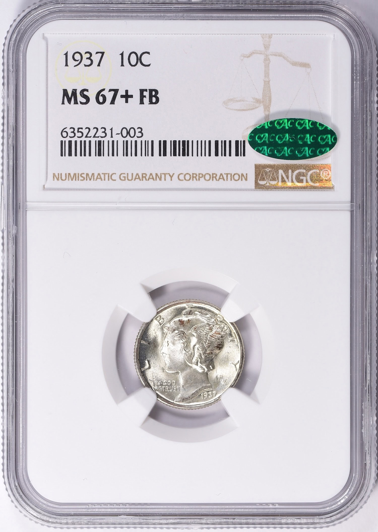 1937 Mercury Dime NGC MS-67+ FB (CAC Green) (Item 1827910) | GreatCollections Coin Auctions