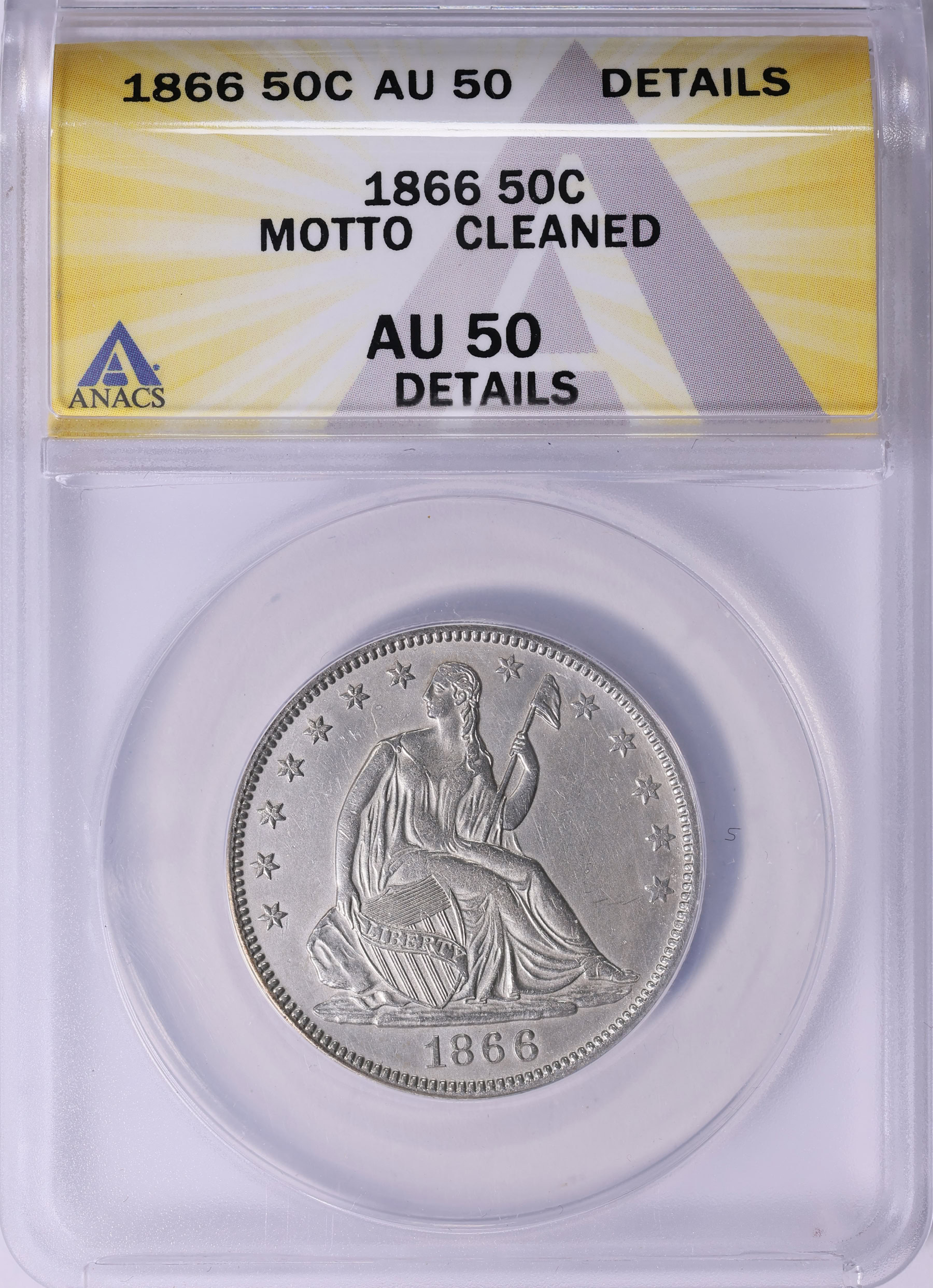 1866 Seated Liberty Half Dollar Motto ANACS AU-50 Details (Item 1827934) | GreatCollections Coin ...