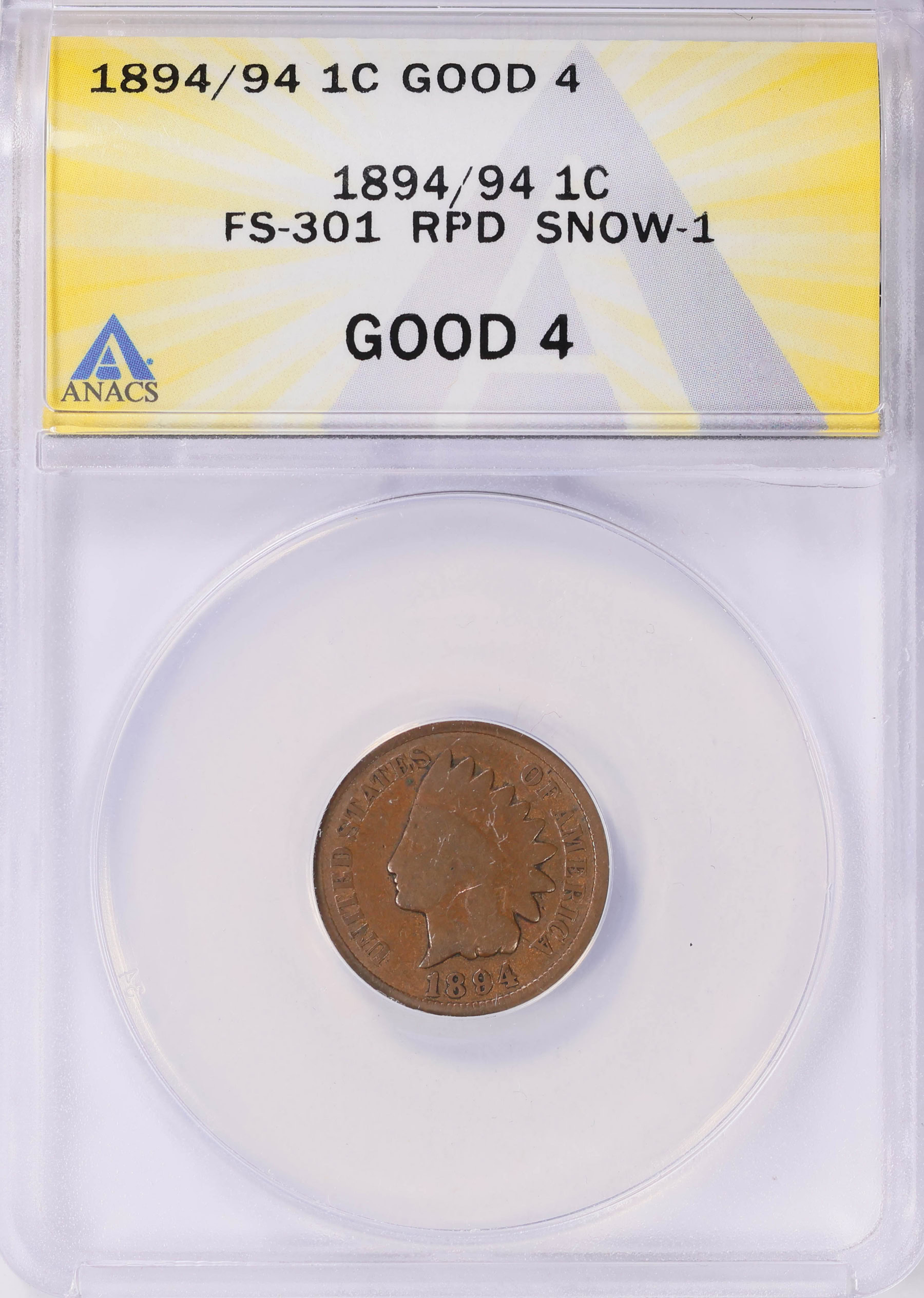 1894/1894 Indian Cent Repunched Date FS-301 S-1 ANACS G-04 BN (Item 1827995) | GreatCollections ...