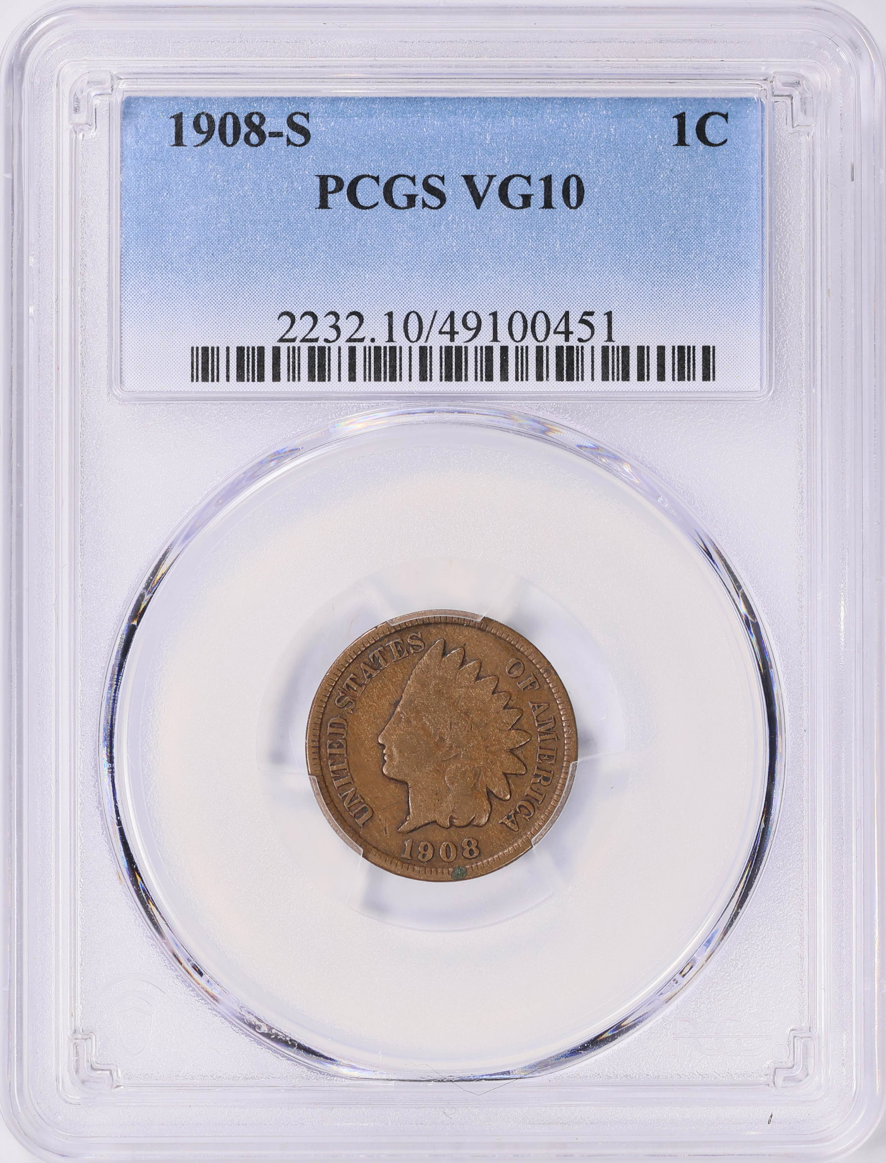 1908-S Indian Cent PCGS VG-10 BN (Item 1828011) | GreatCollections Coin Auctions