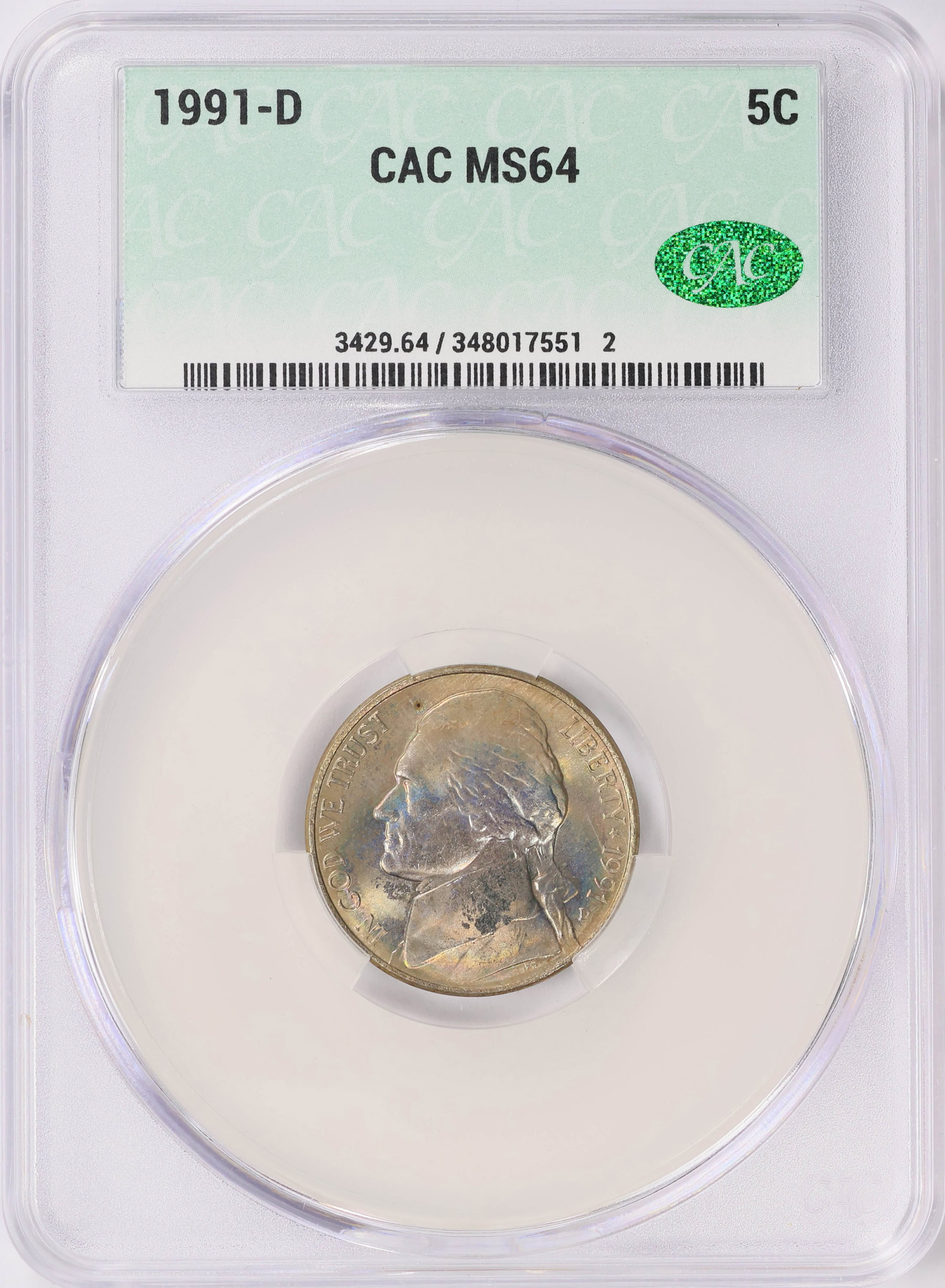 1991-D Jefferson Nickel CACG MS-64 (Toned) (Item 1828088 ...
