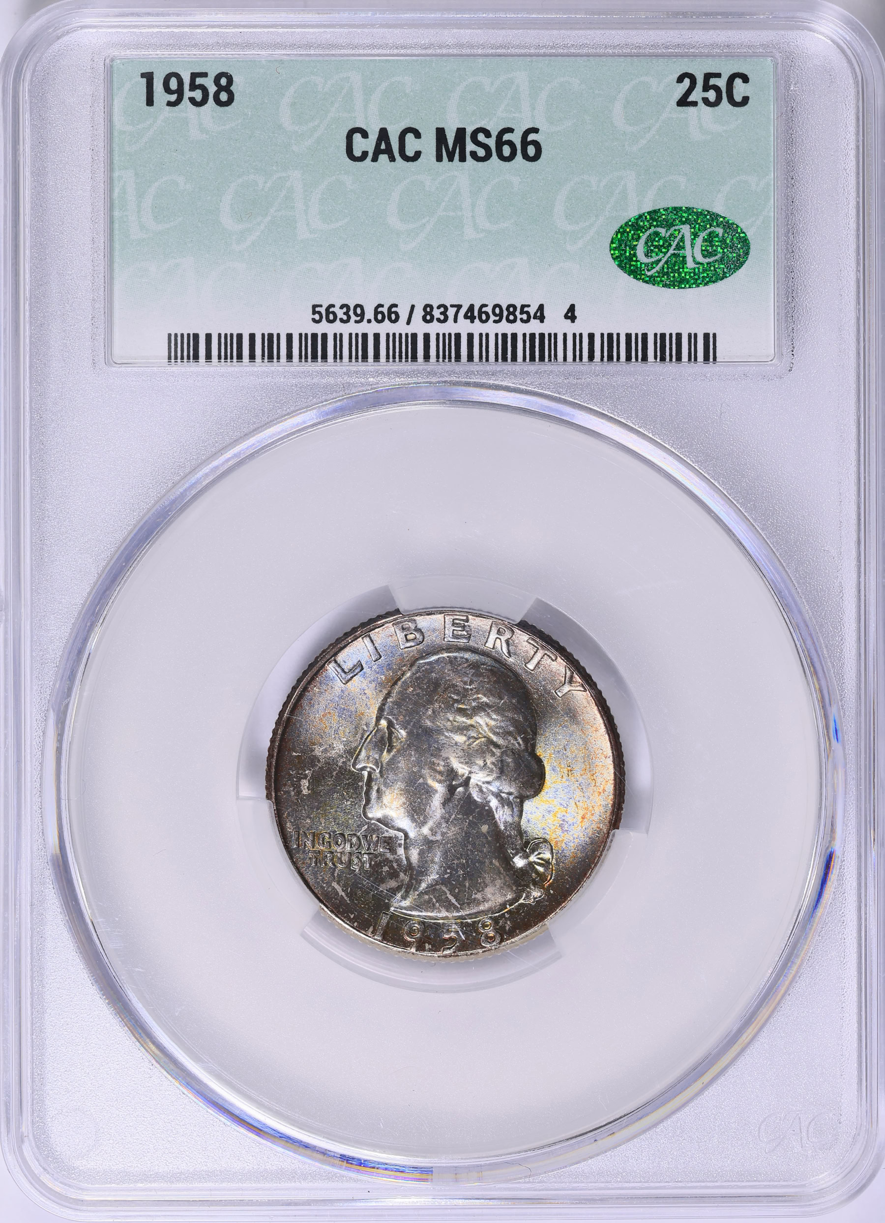 1958 Washington Quarter CACG MS-66 (Toned) (Item 1828239) | GreatCollections Coin Auctions