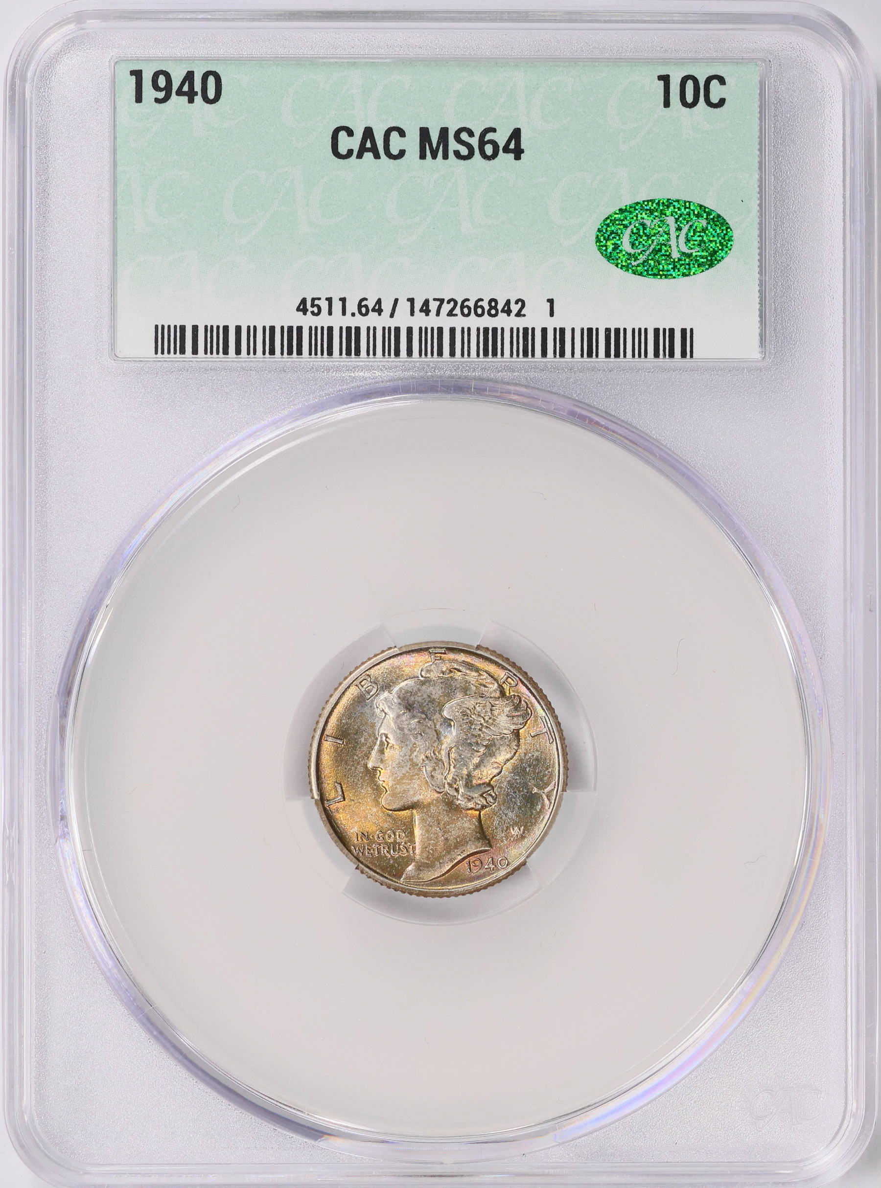 1940 Mercury Dime CACG MS-64 (Toned) (Item 1828543) | GreatCollections ...