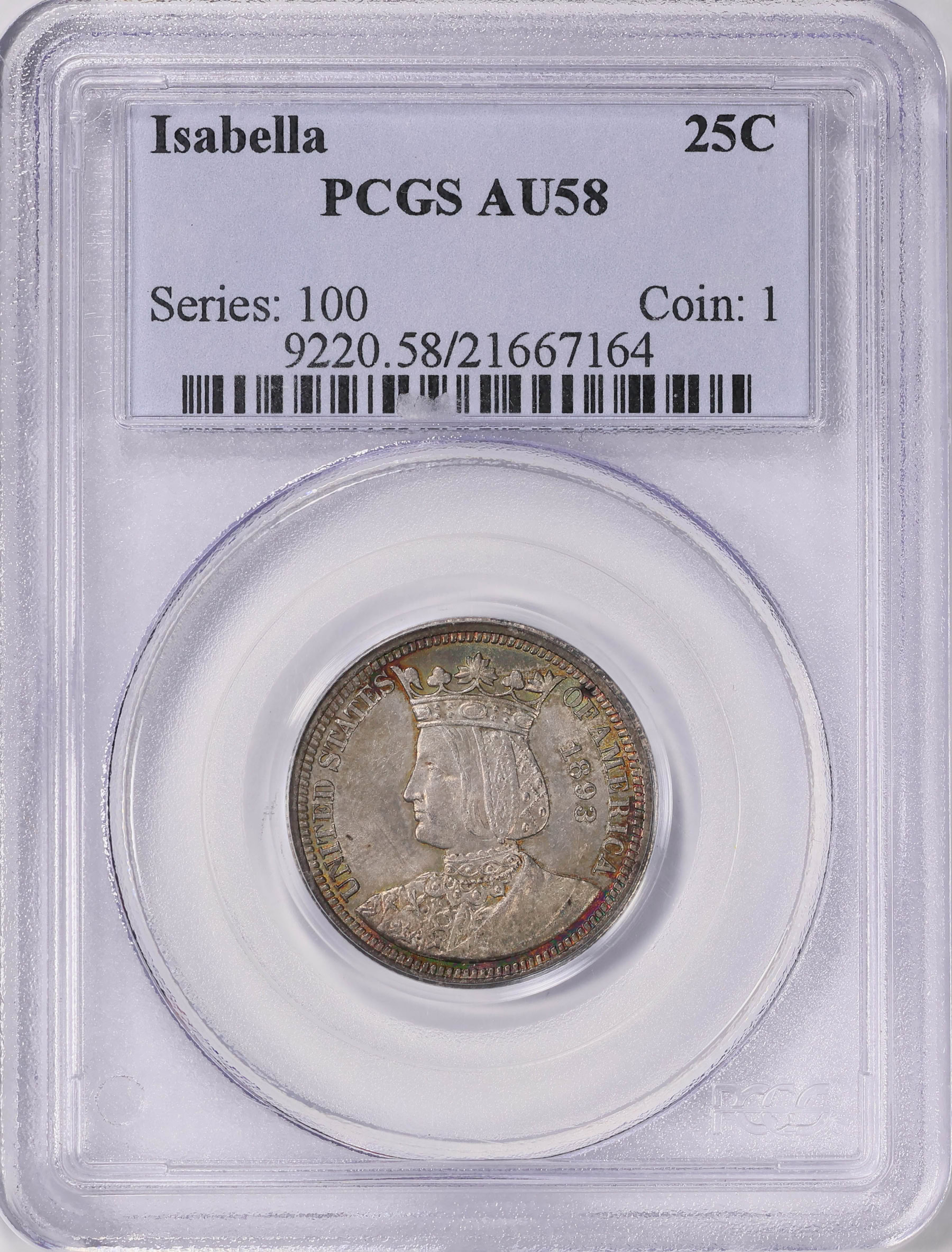 1893 World Columbian Exposition, Isabella Quarter PCGS AU-58 (Toned ...