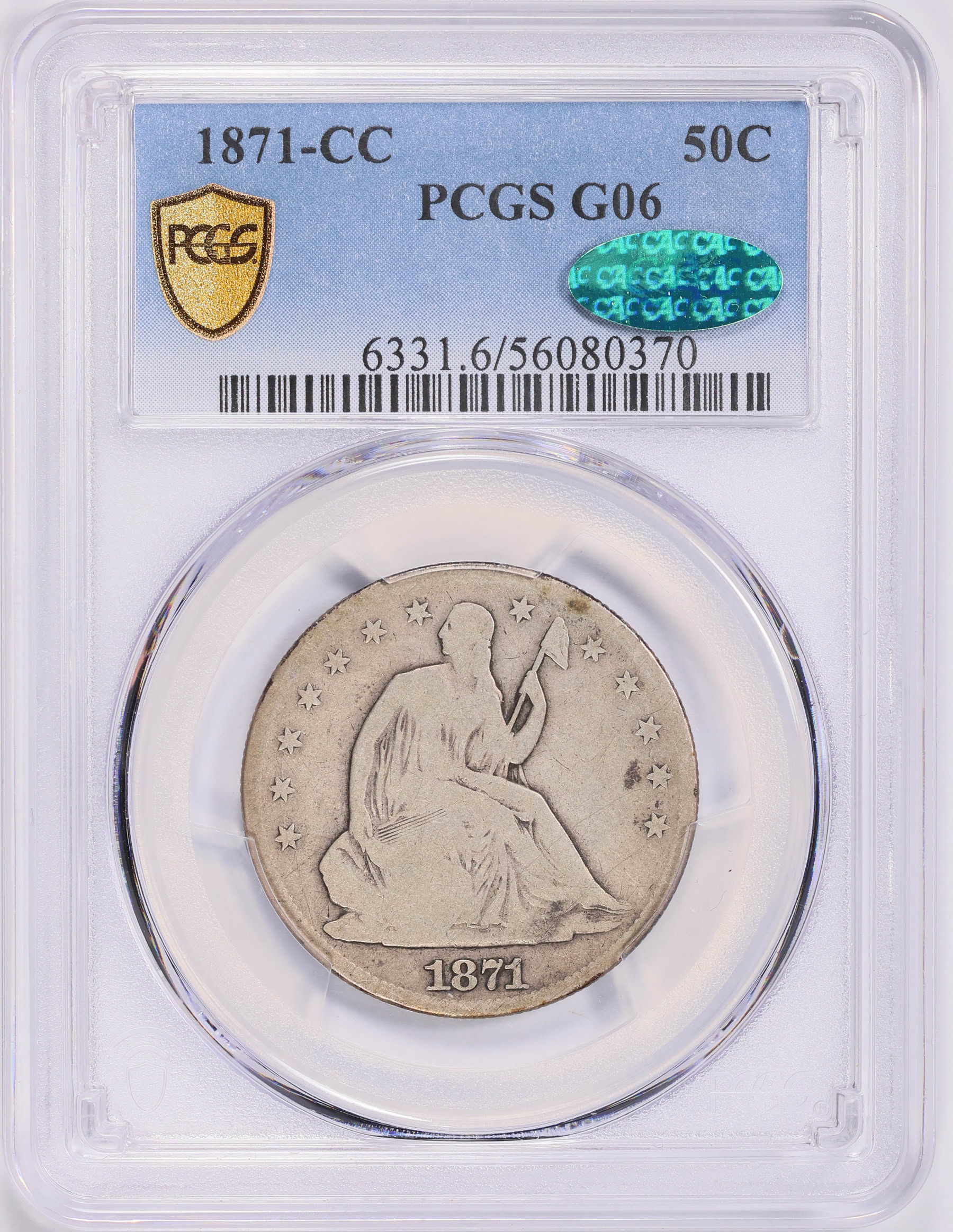 1871-CC Seated Liberty Half Dollar PCGS G-06 (CAC Green) (Item 1829171) | GreatCollections Coin ...