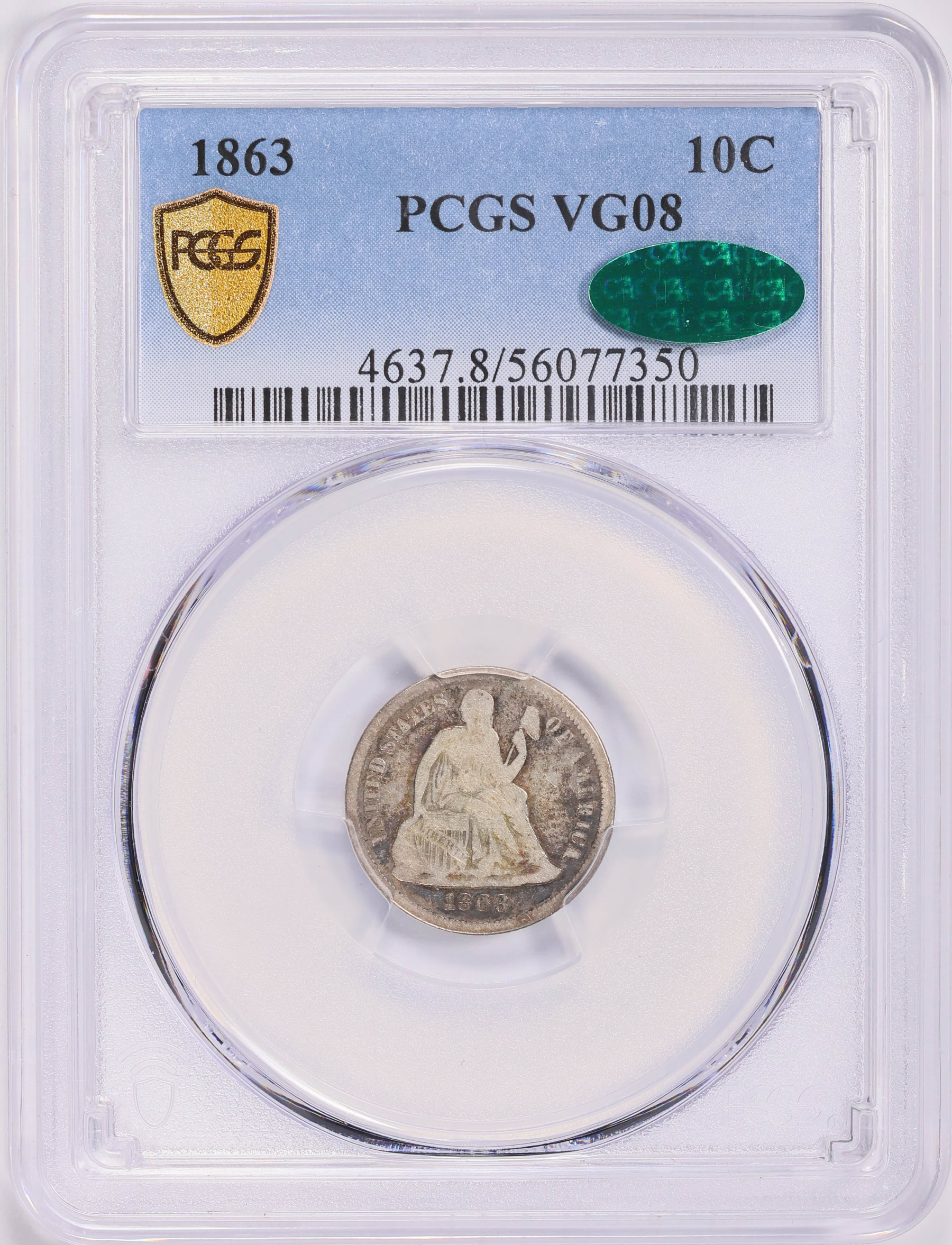 1863 Seated Liberty Dime PCGS VG-08 (CAC Green) (Item 1829177) | GreatCollections Coin Auctions