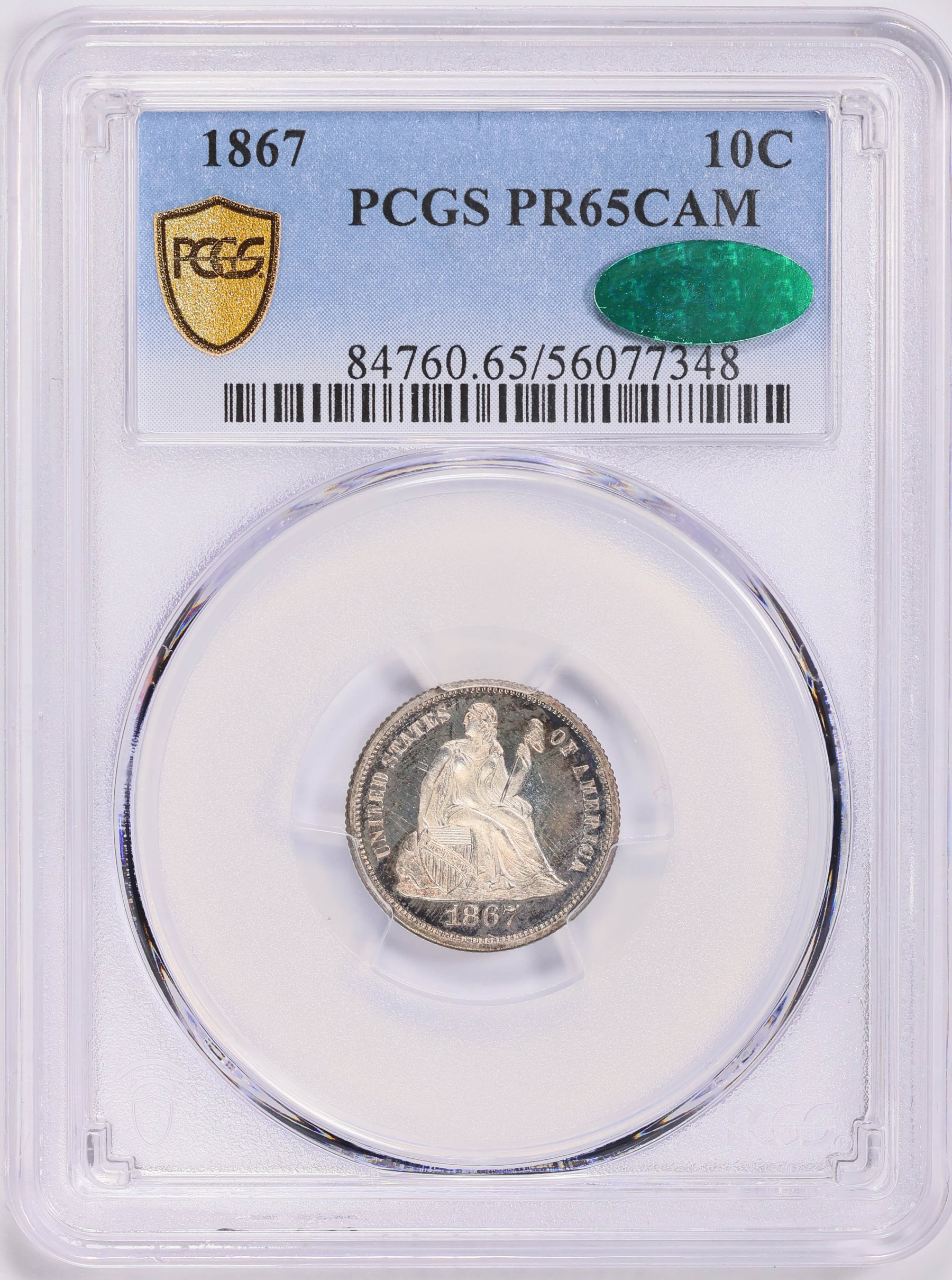 1867 Seated Liberty Dime PCGS Proof-65 CAMEO (CAC Green) (Item 1829192) | GreatCollections Coin ...