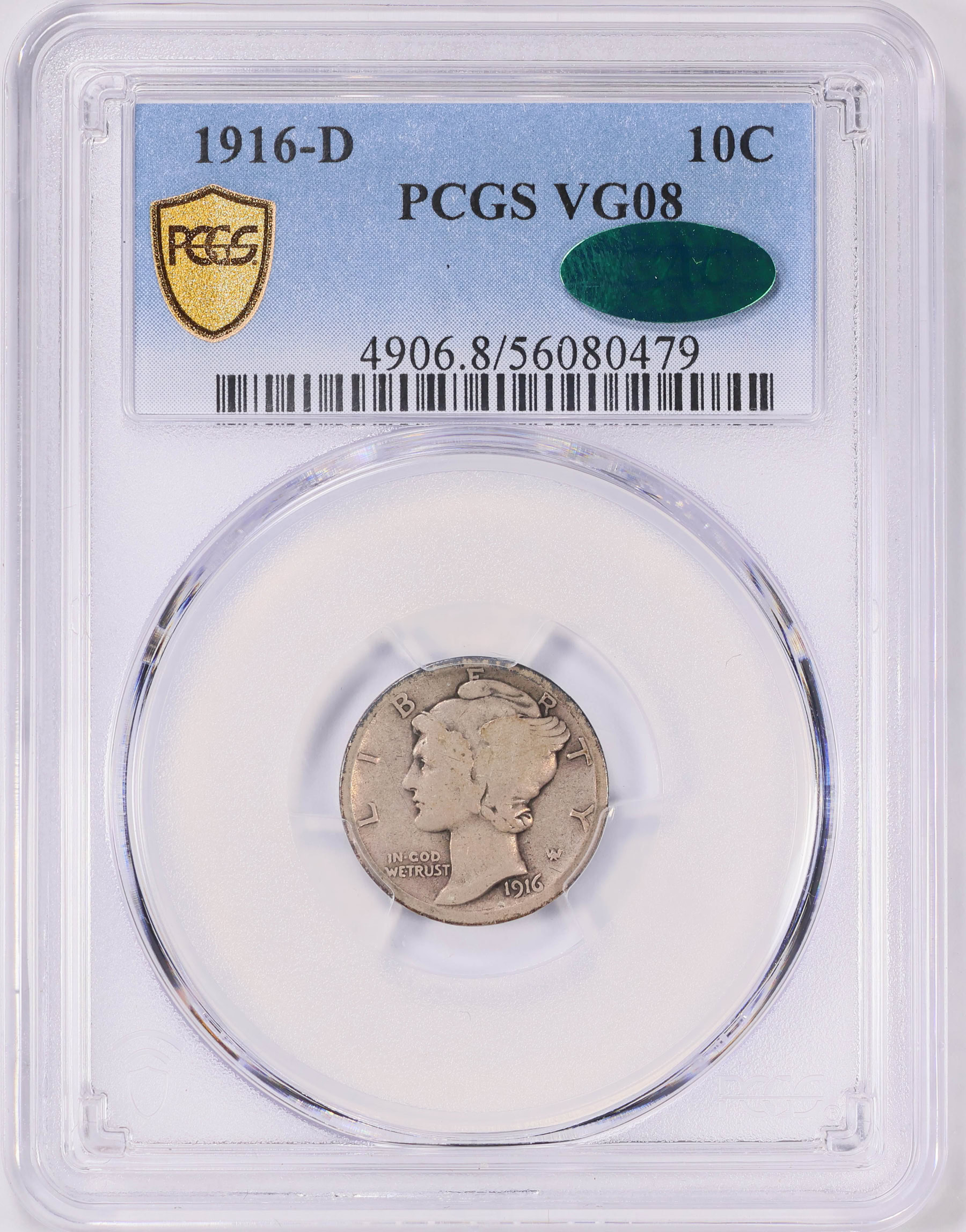 1916-D Mercury Dime PCGS VG-08 (CAC Green) (Item 1829200) | GreatCollections Coin Auctions