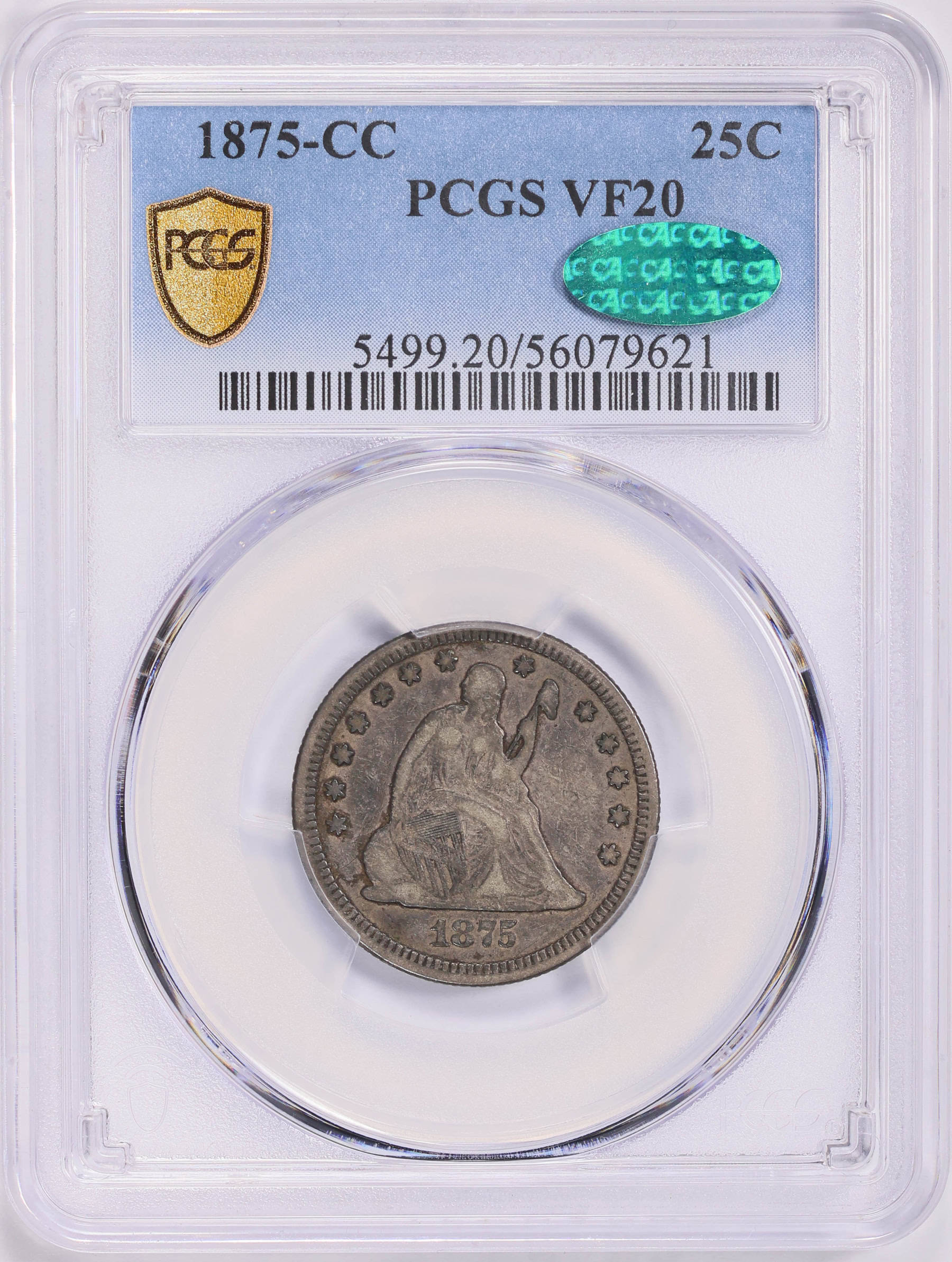 1875-CC Seated Liberty Quarter PCGS VF-20 (CAC Green) (Item 1829202) | GreatCollections Coin ...