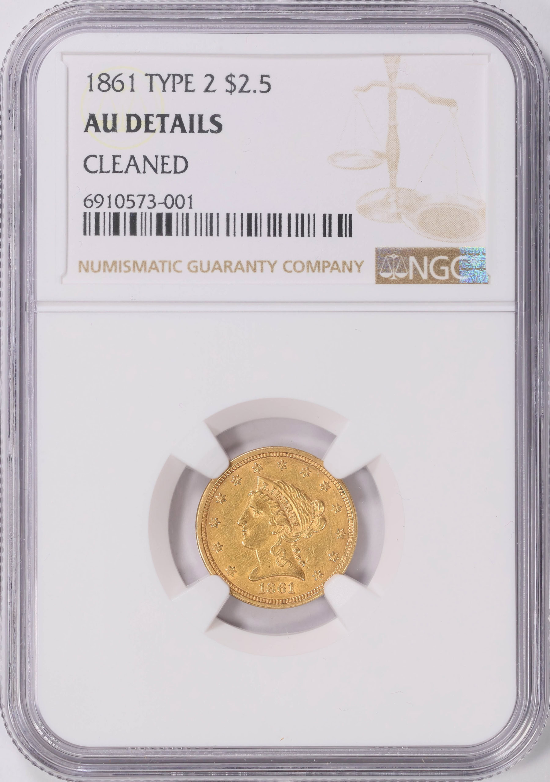 1861 Liberty Gold Quarter Eagle Type 2 NGC AU Details (Item 1829250) | GreatCollections Coin ...