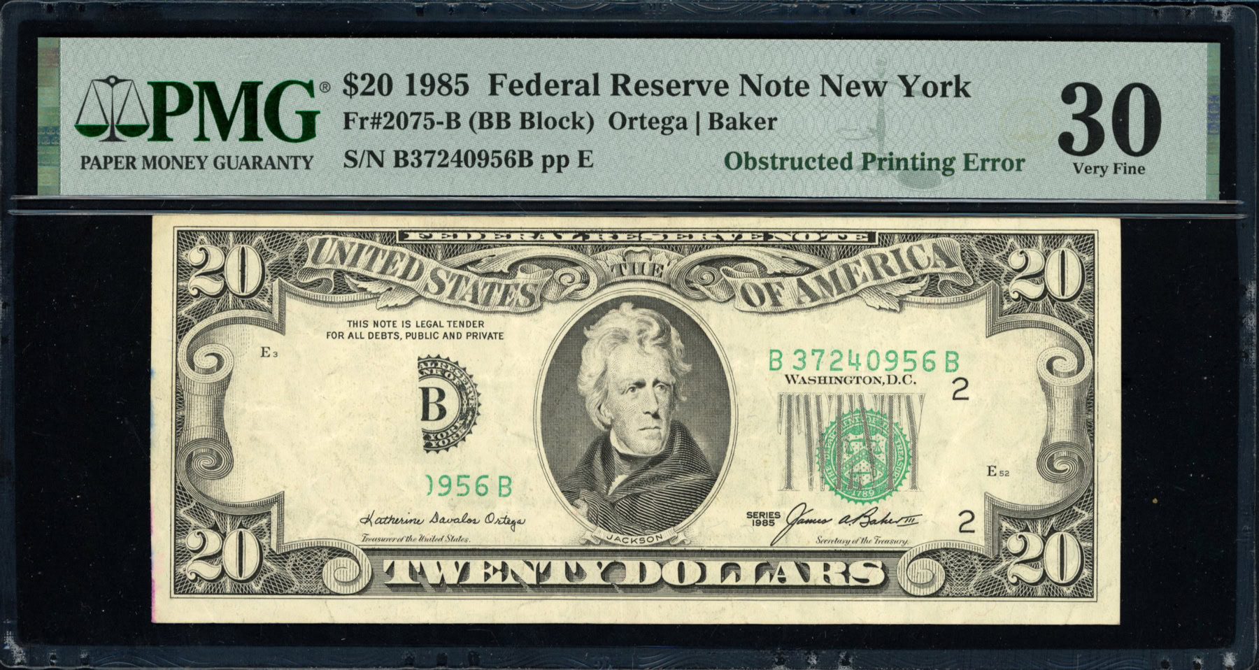 Fr. 2075-B (BB Block) 1985 $20 New York Federal Reserve Error Note *Obstructed Printing Error ...