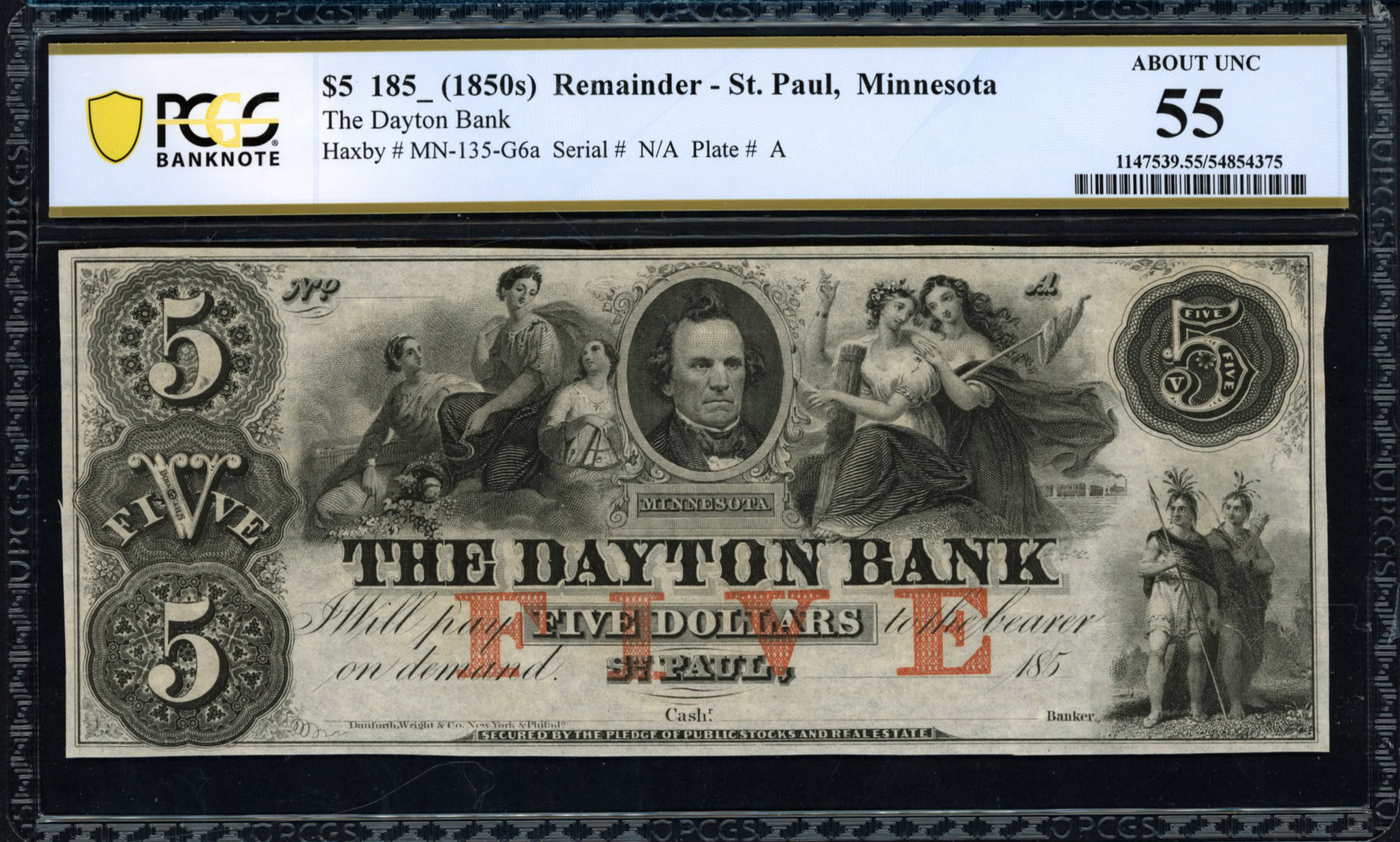 1850s St. Paul, Minnesota Dayton Bank $5 Remainder Note PCGS Banknote ...