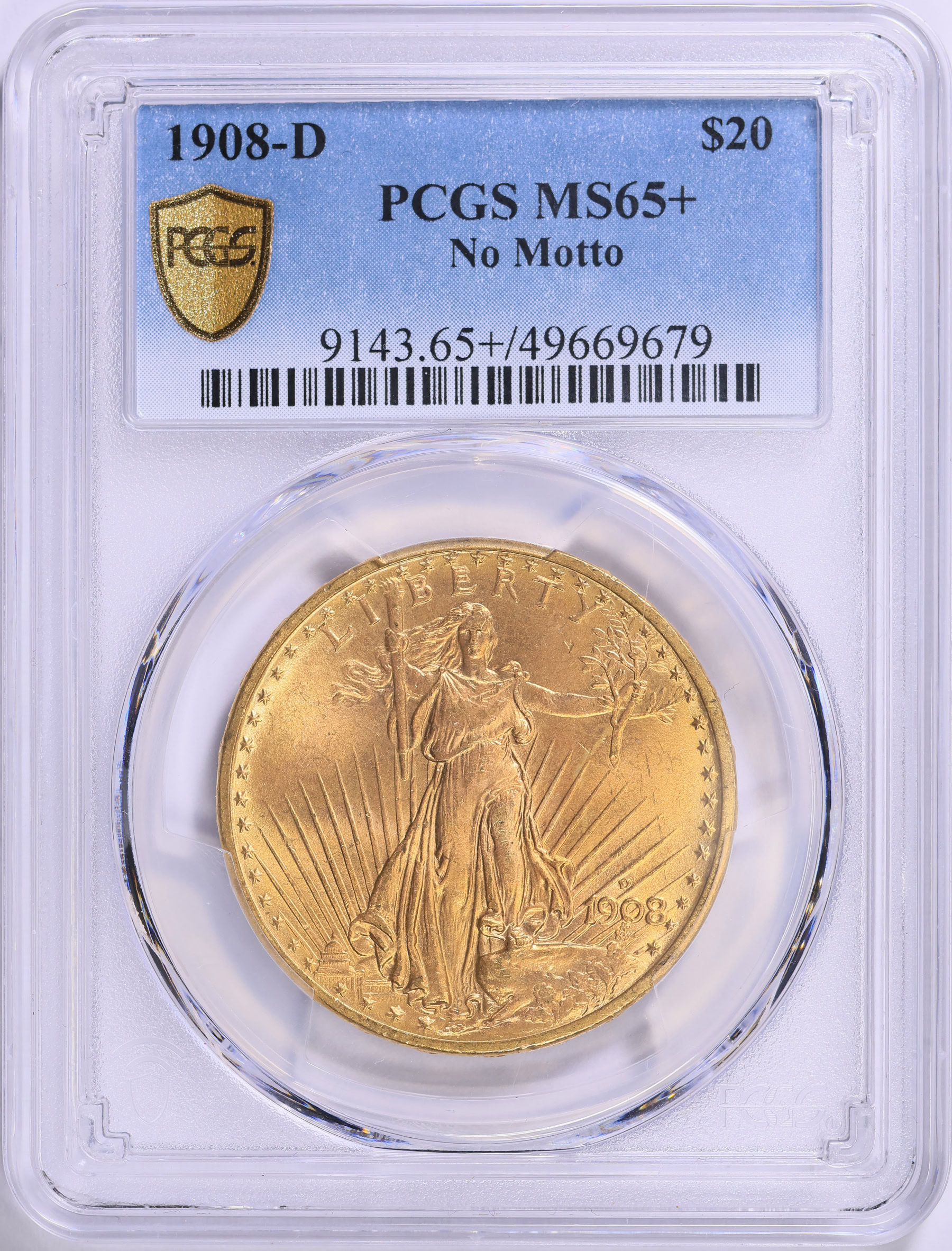 1908-D Saint-Gaudens Gold Double Eagle No Motto PCGS MS-65+ (Item 1829286) | GreatCollections ...