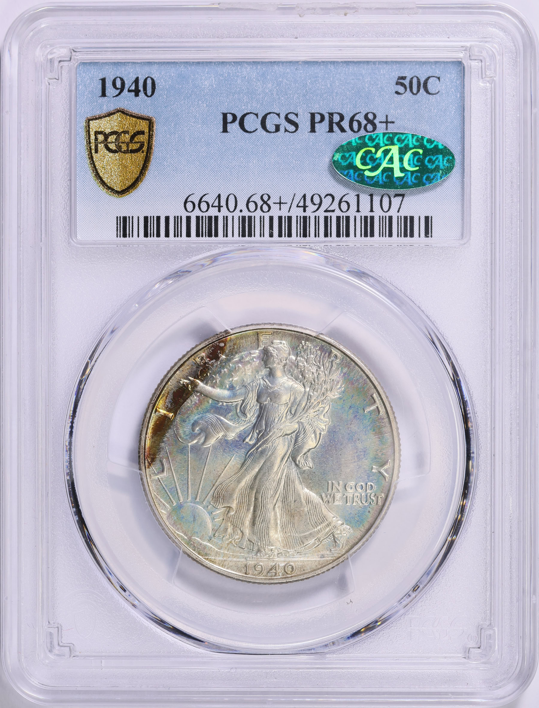1940 Walking Liberty Half Dollar PCGS Proof-68+ (CAC Green) (Toned ...