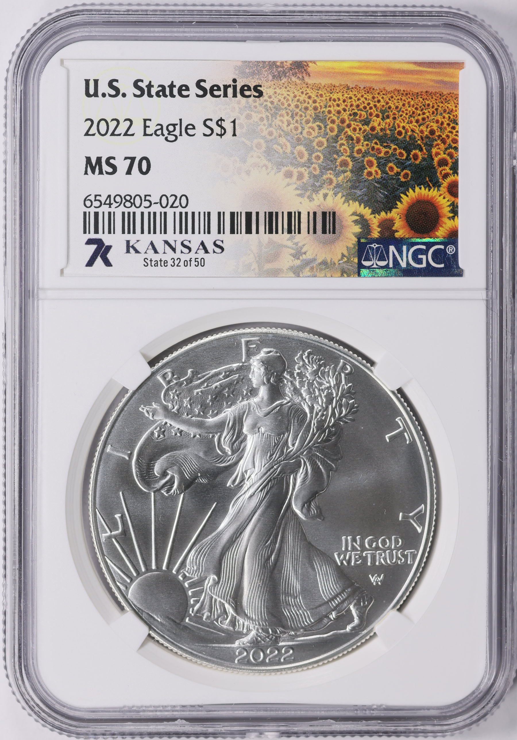2022 $1 Silver Eagle NGC MS-70 (U.S. State Series Kansas Label) (Item ...